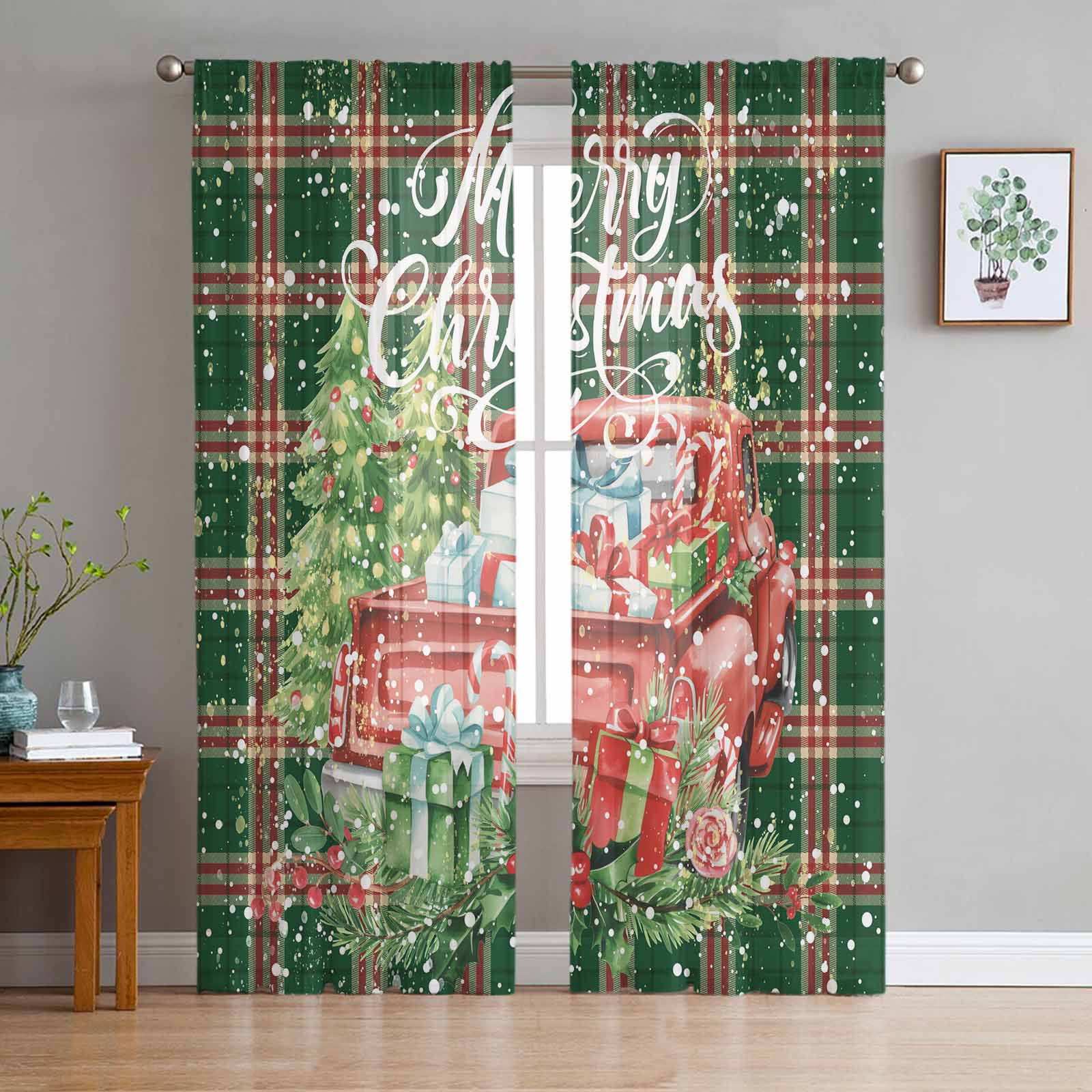 Christmas Sheer Curtains 108 Inches Long, Winter Truck Pine Tree Green ...