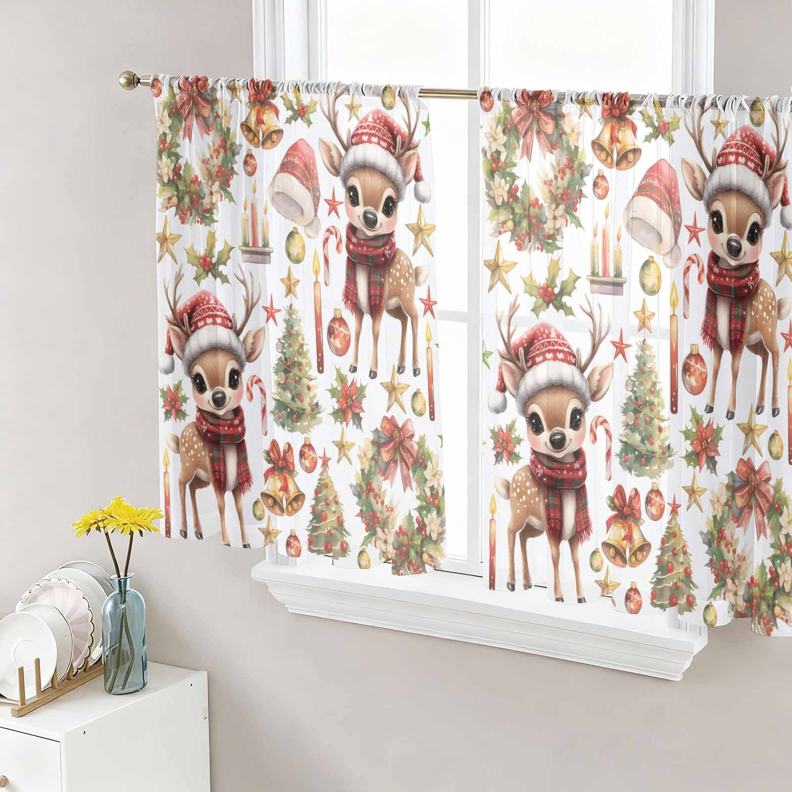 Christmas Sheer Curtains 45 Inch Length 2 Panels Set, Elk Xmas Tree ...