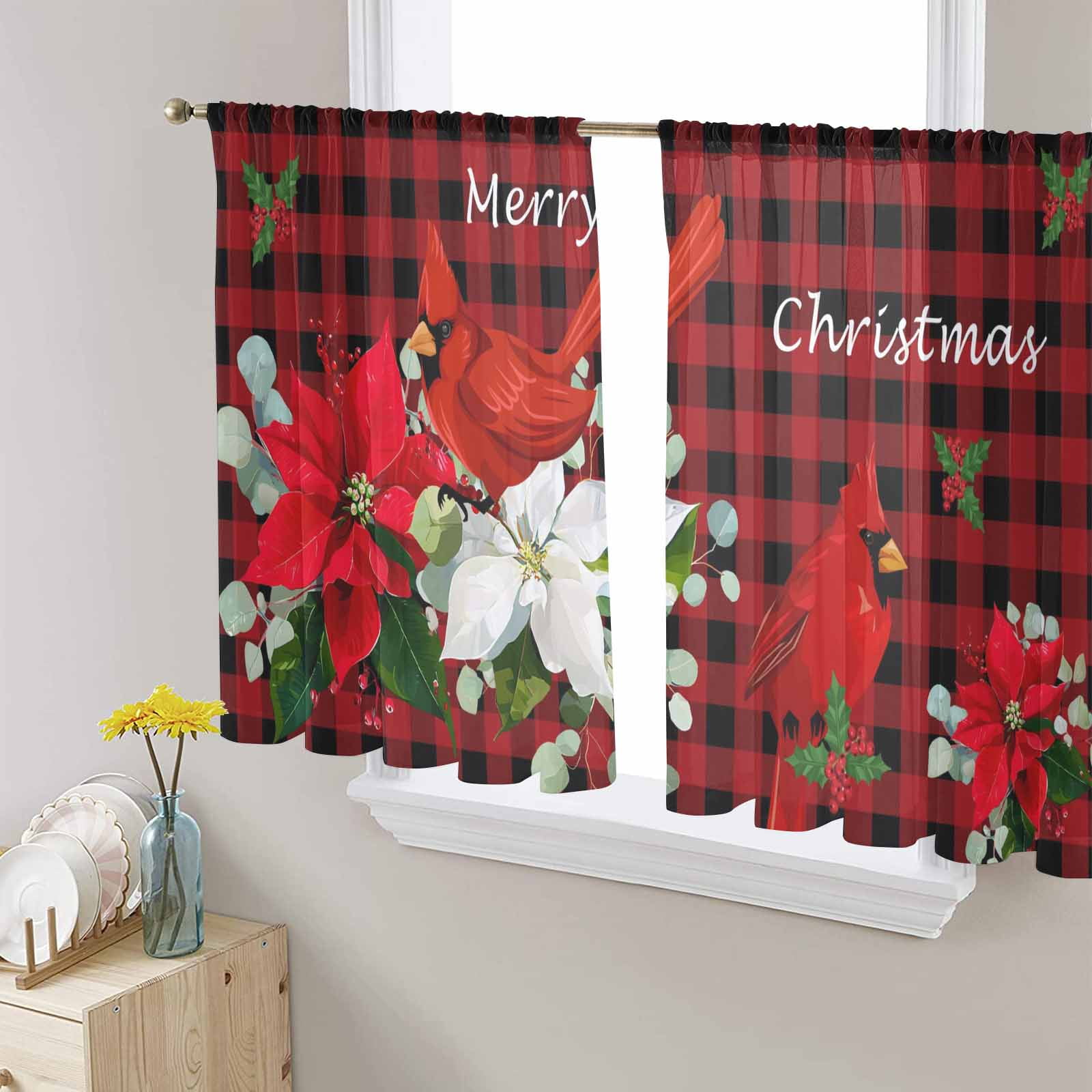 Christmas Sheer Curtains 45 Inch Length 2 Panels Set, Semi Transparent ...