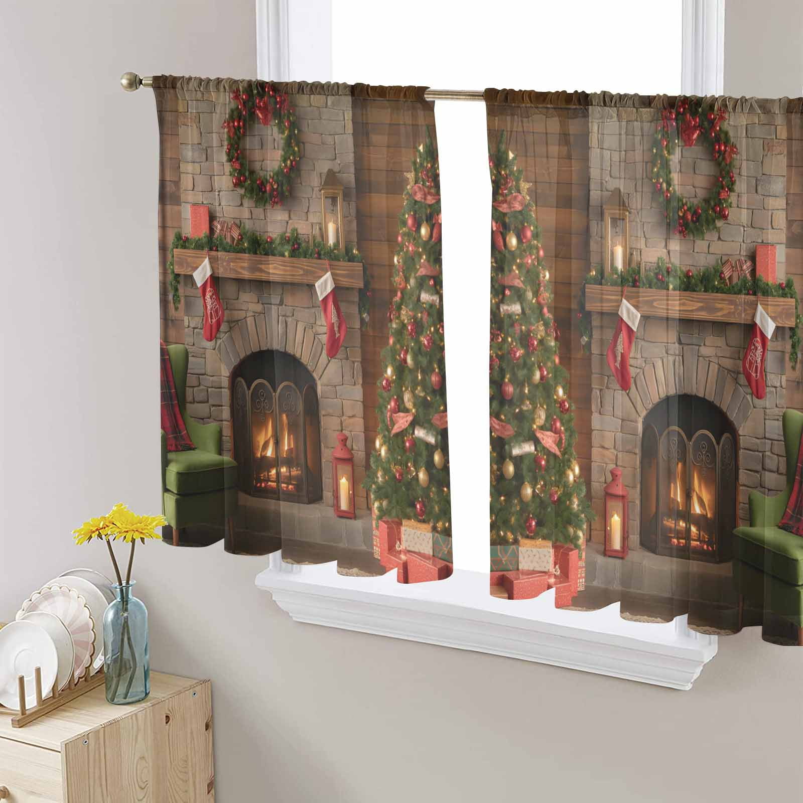 Christmas Sheer Curtains 45 Inch Length 2 Panels Set, Semi Transparent ...
