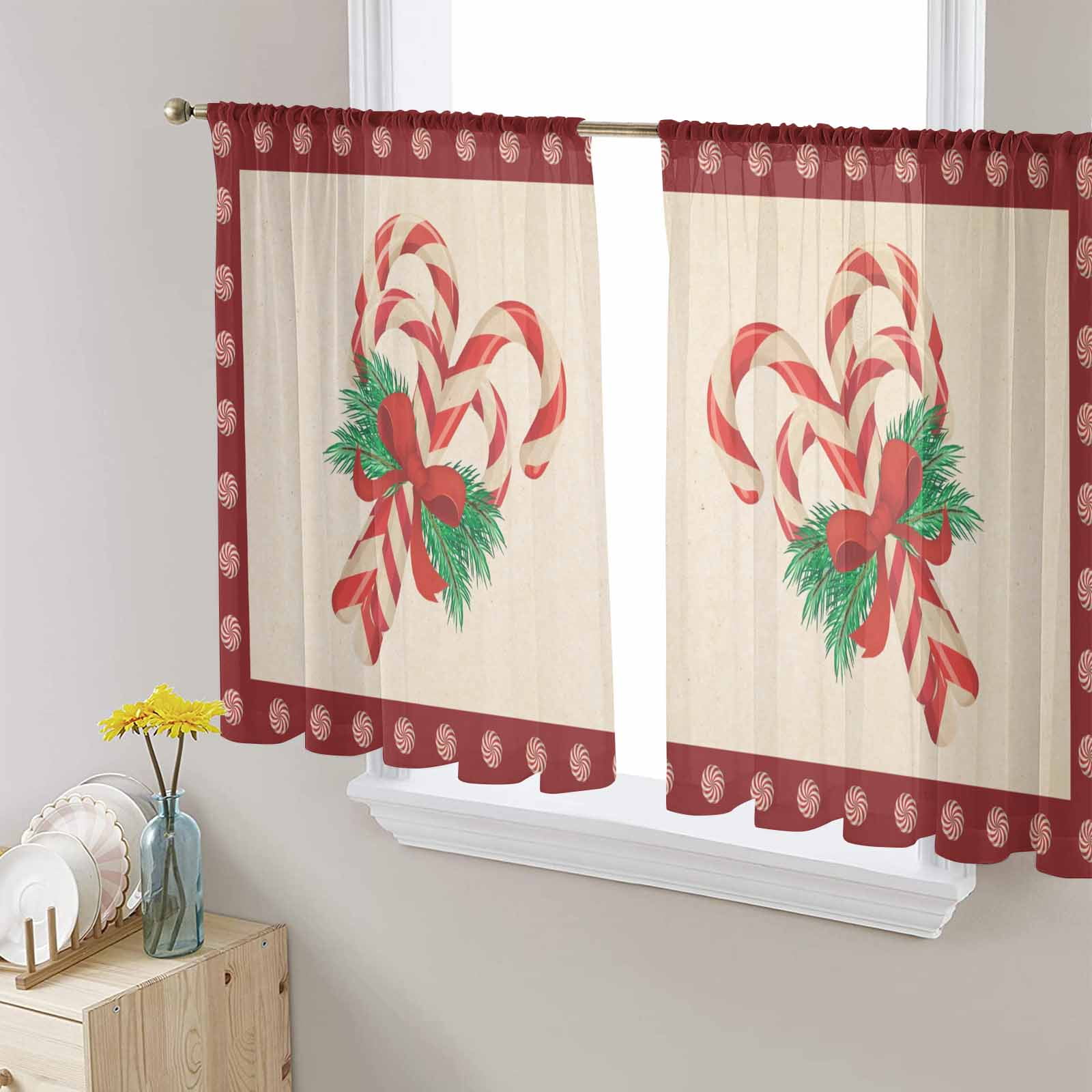 Christmas Sheer Curtains 45 Inch Length 2 Panels Set, Semi Transparent ...
