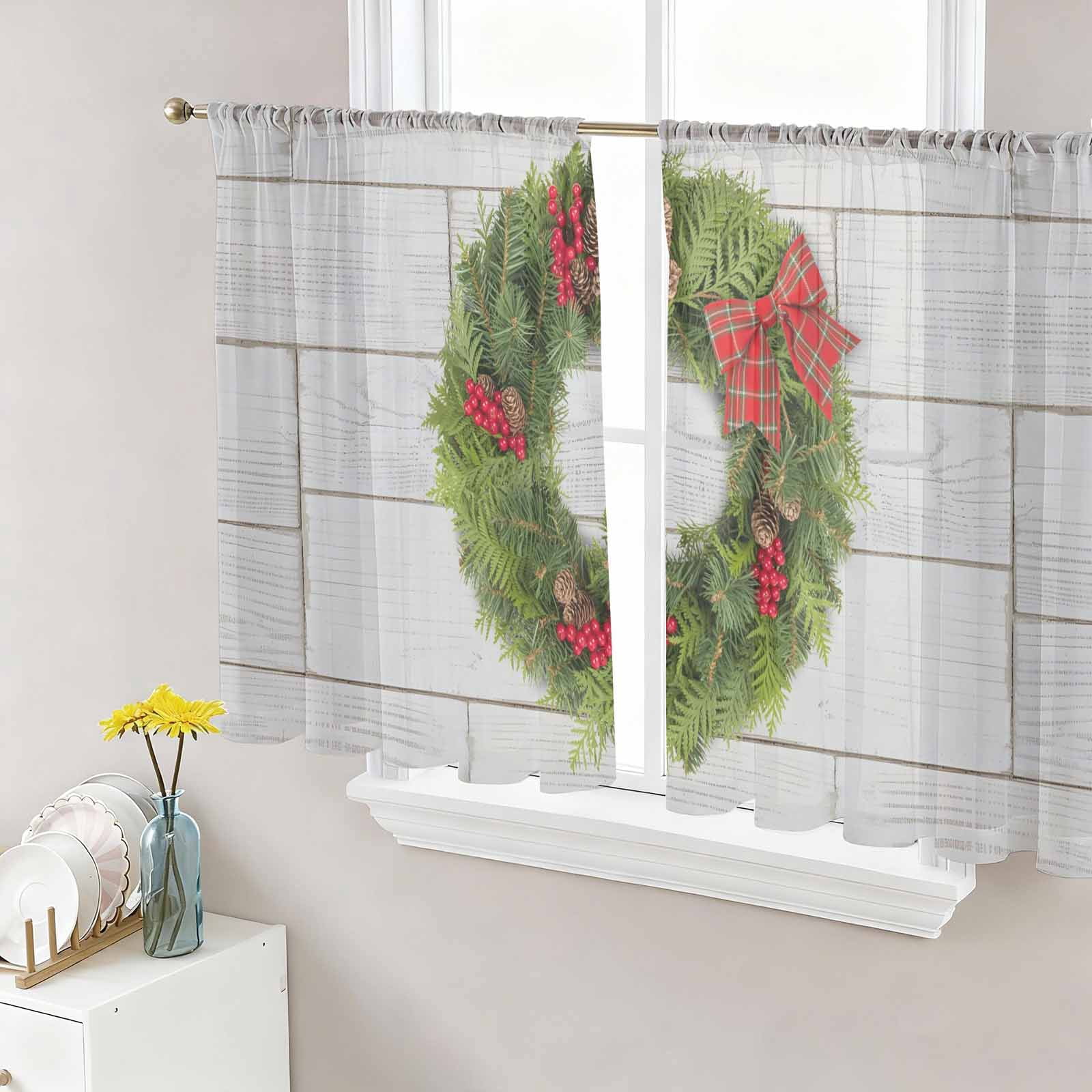 Christmas Sheer Curtains 45 Inch Length 2 Panels Set Window Treatments ...
