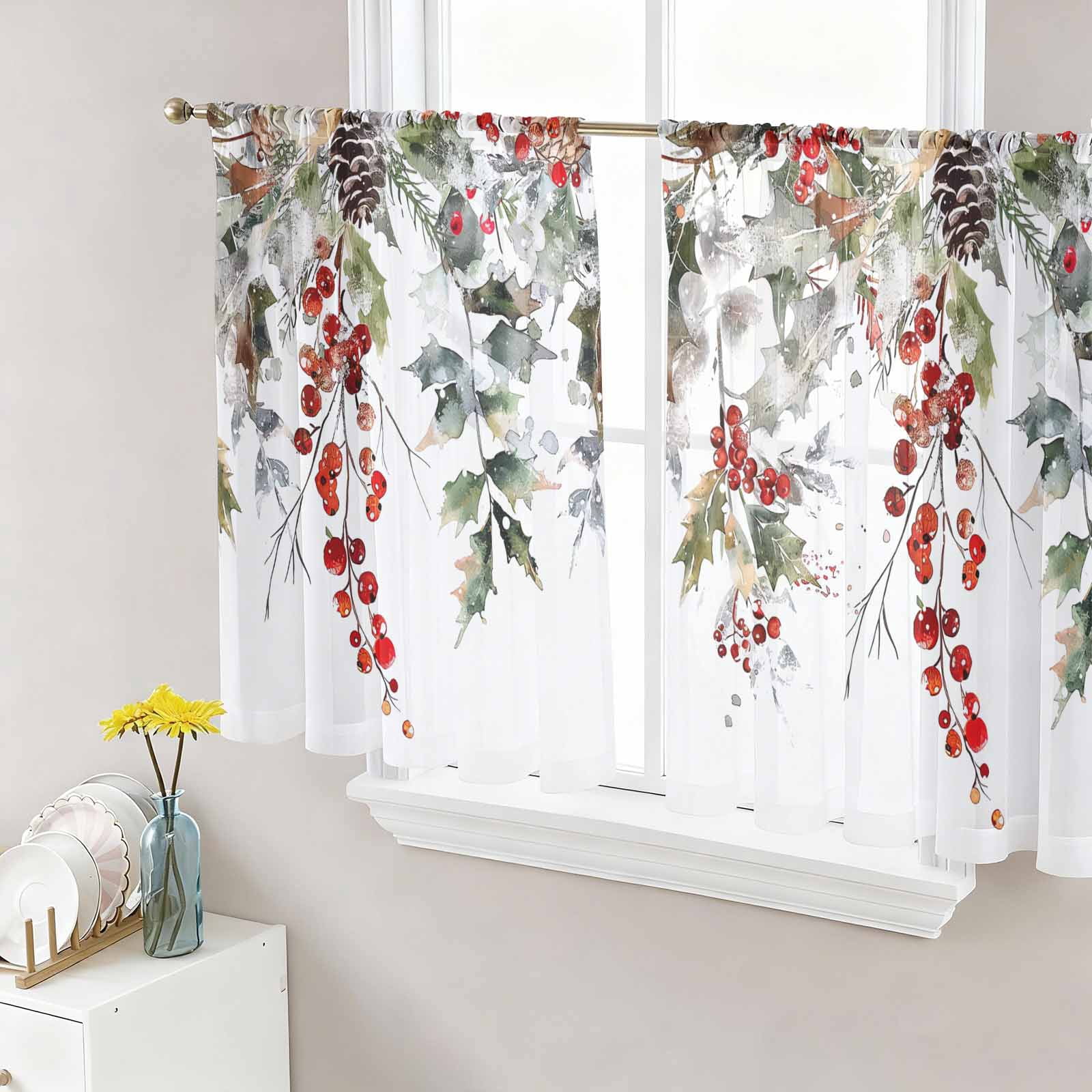 Christmas Sheer Curtains 45 Inch Length 2 Panels Set, Xmas Tree ...
