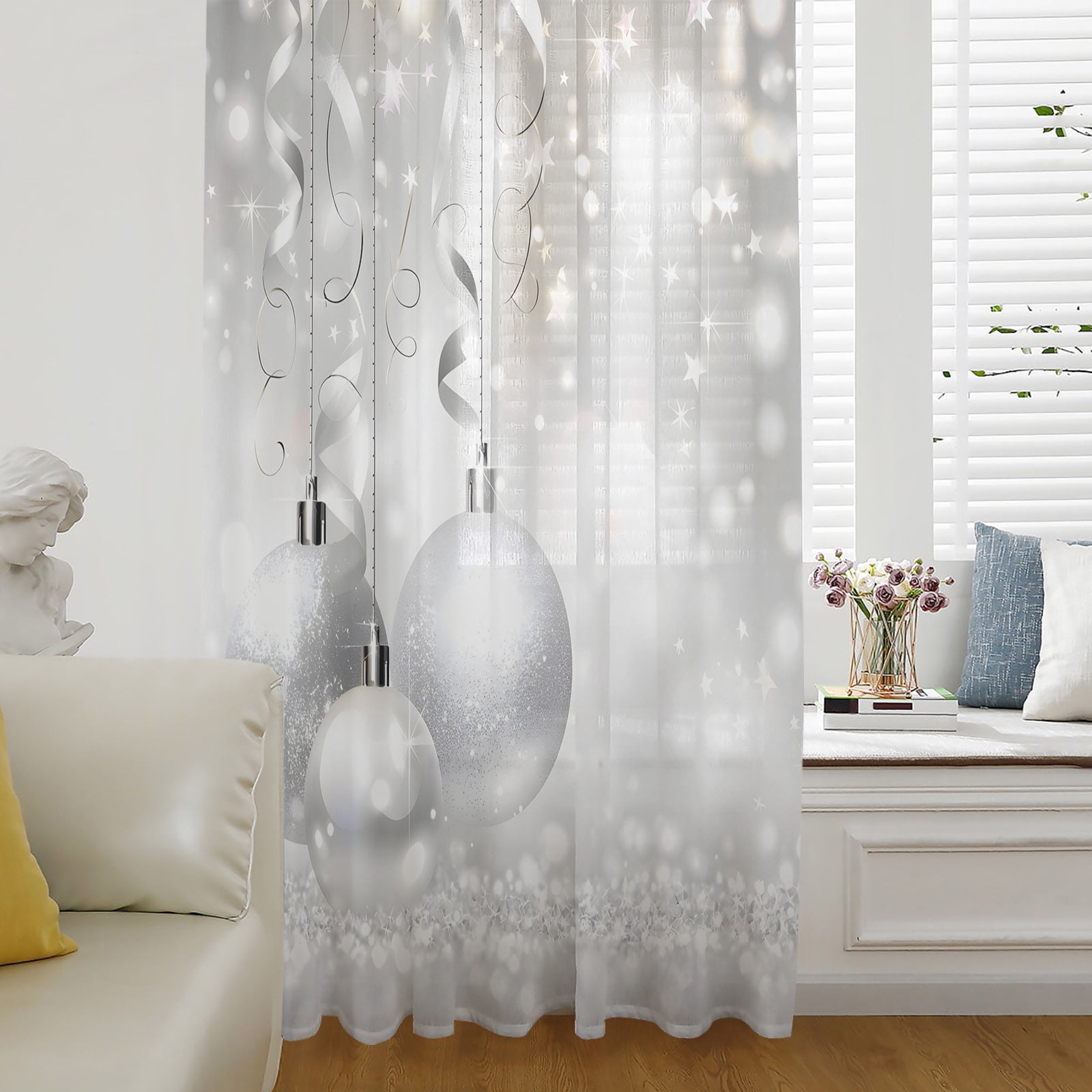 Christmas Sheer Curtains 45 Inch Length, Light Filtering Voile Curtain ...
