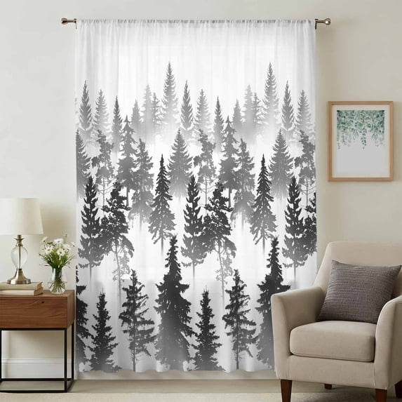 Christmas Sheer Curtains 45 Inches Long, Black Forest Tree Fall Foggy ...