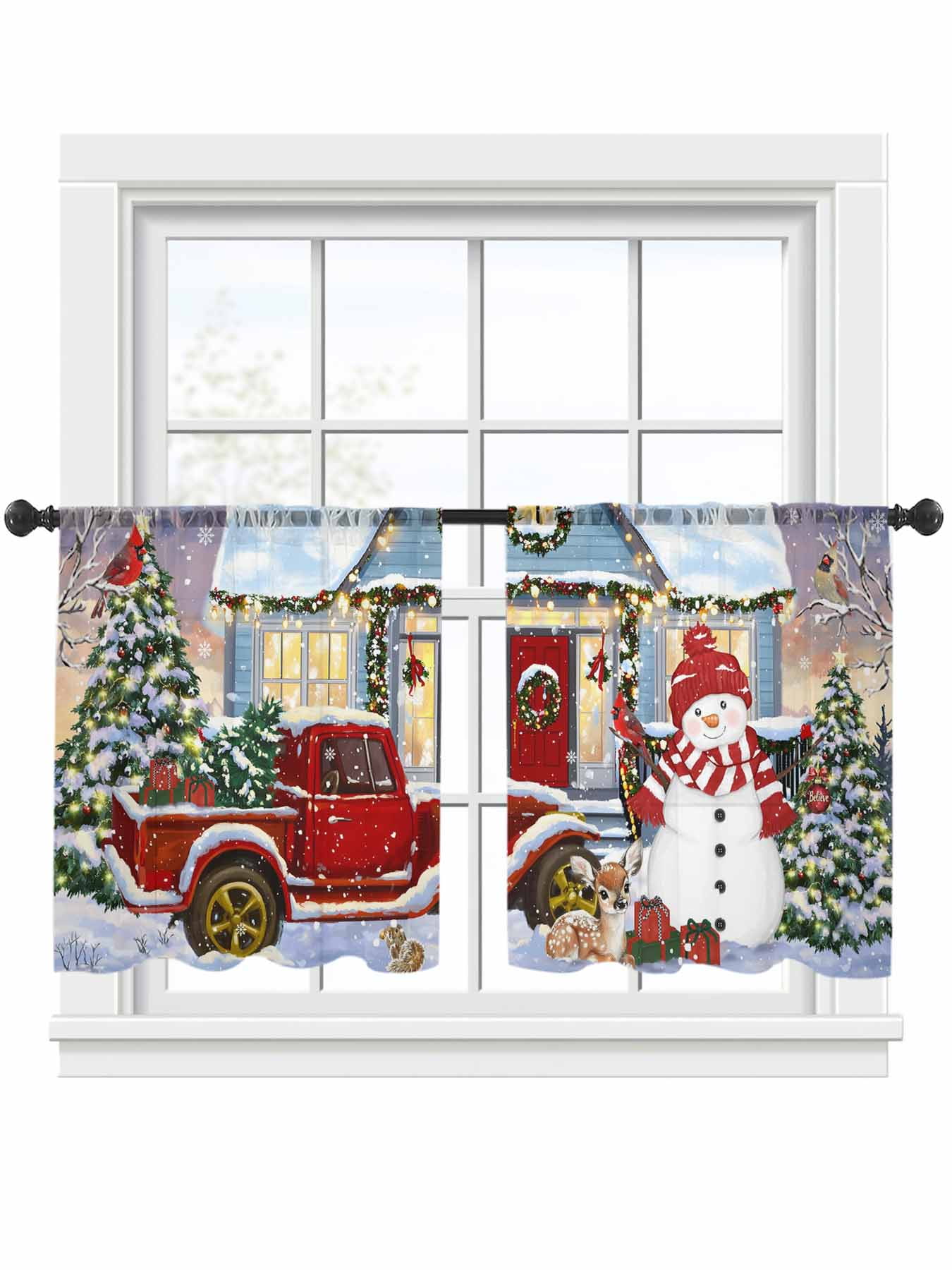 Christmas Sheer Curtains 45 inches Long, Winter Snowman Truck Bird Pine ...