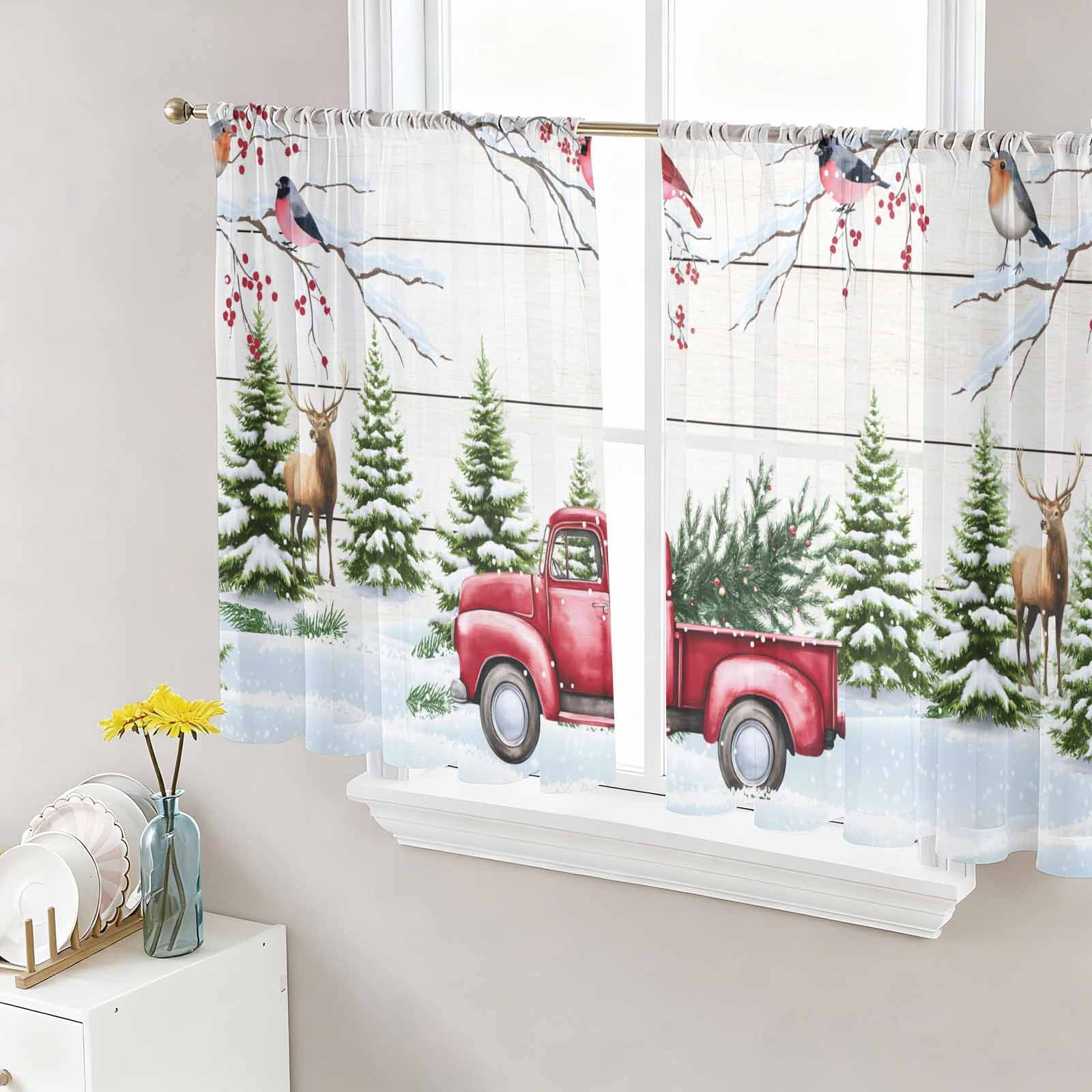 Christmas Sheer Curtains 54 Inch Length 2 Panels Set, Red Truck Birds ...
