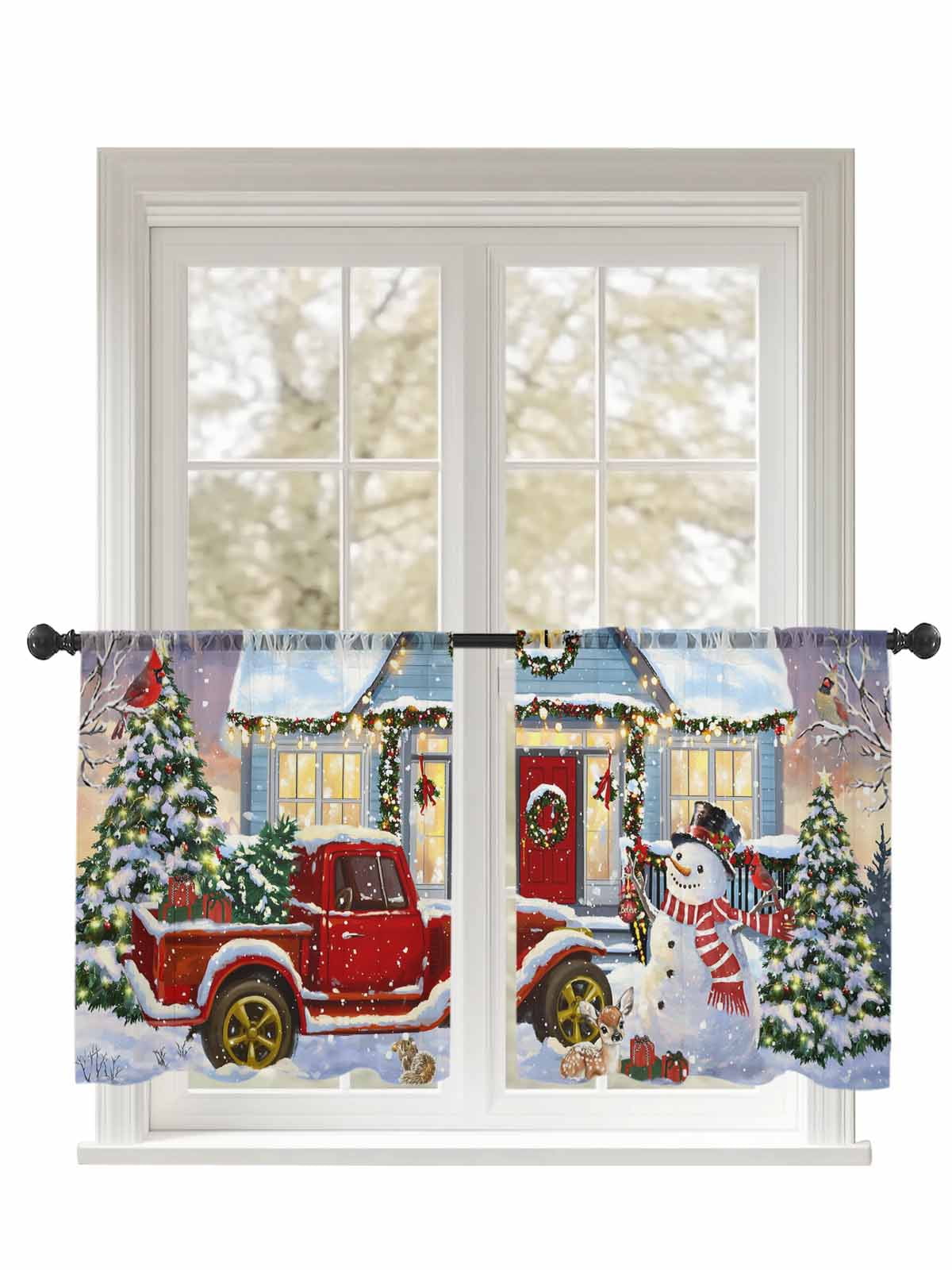 Christmas Sheer Curtains 54 Inch Long 2 Panels, Snowman Truck Bird Pine ...