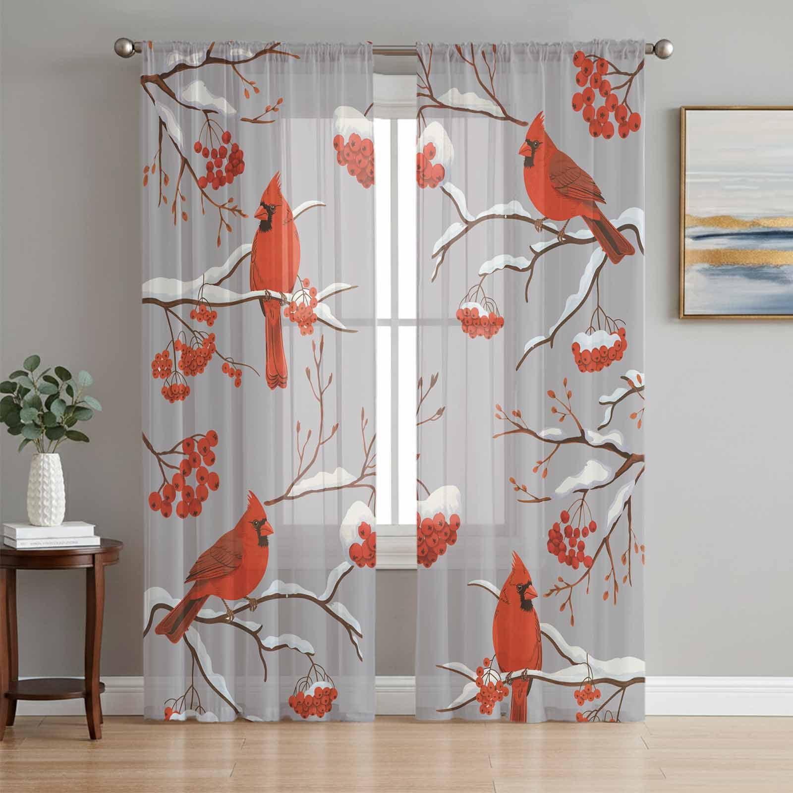 Christmas Sheer Curtains 63 Inch Length 2 Panels Set, Red Cardinal ...