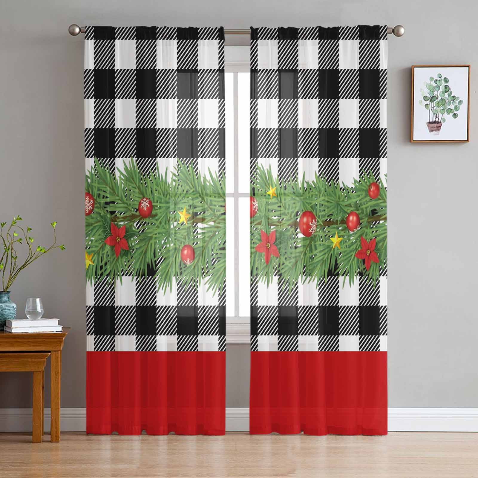 Christmas Sheer Curtains 63 Inch Length 2 Panels Set, Semi Transparent ...