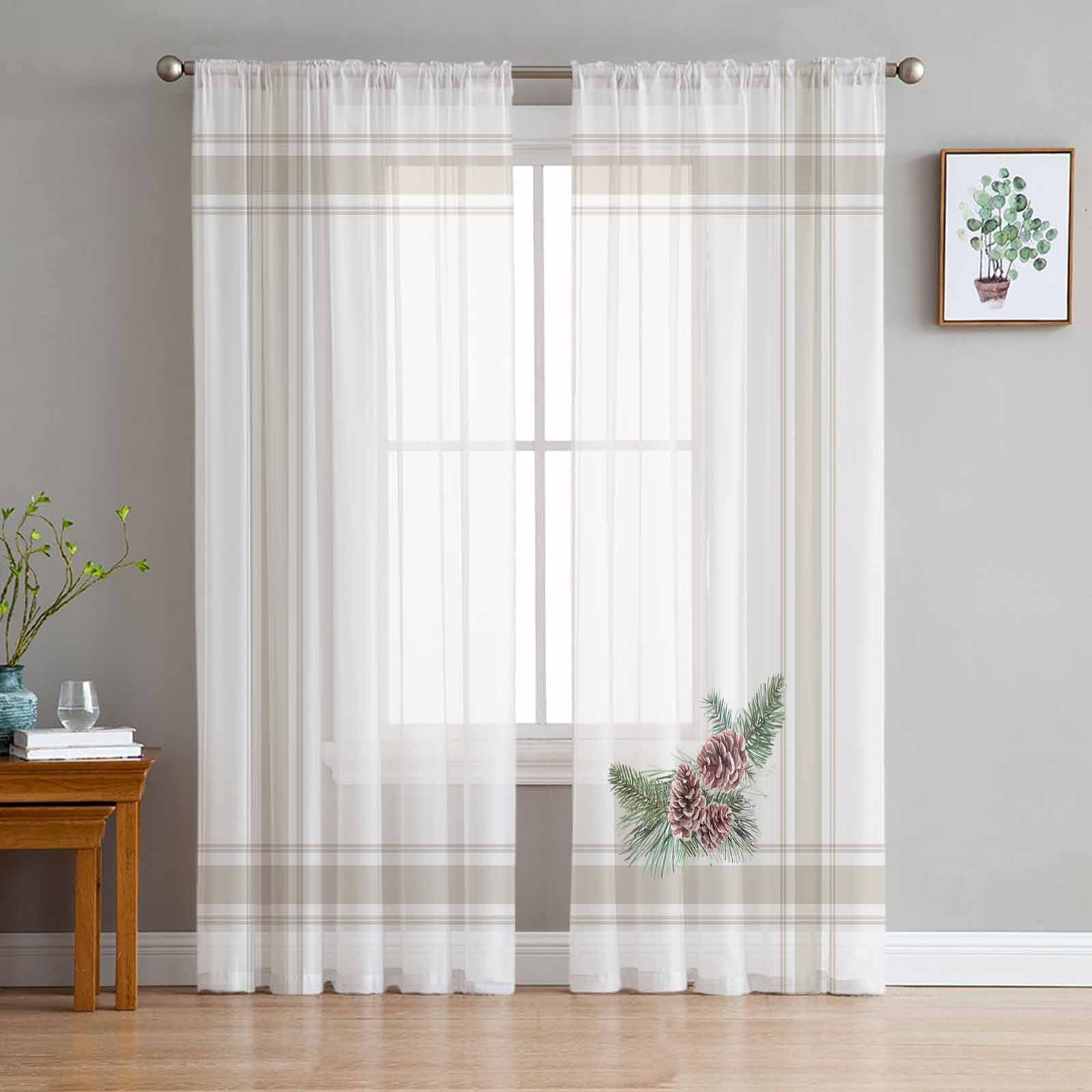 Christmas Sheer Curtains 63 Inch Length 2 Panels Set, Semi Transparent Voile Rod Pocket Curtains ...