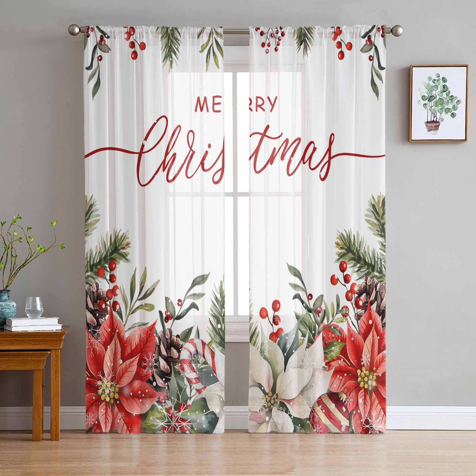Christmas Sheer Curtains 63 Inch Length 2 Panels Set, Semi Transparent ...