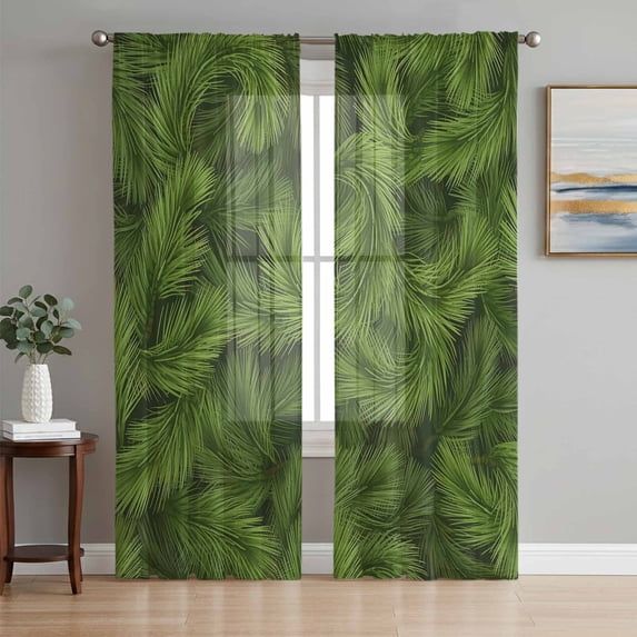 Christmas Sheer Curtains 63 Inch Length 2 Panels Set, Winter Xmas Green ...