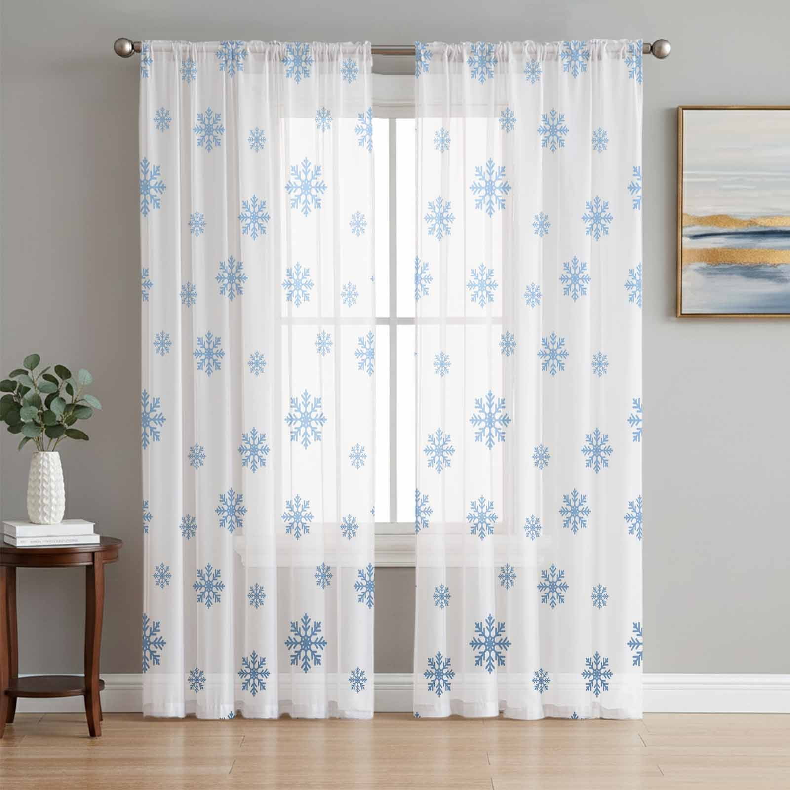 Christmas Sheer Curtains 63 Inch Length 2 Panels Set, Xmas Blue ...