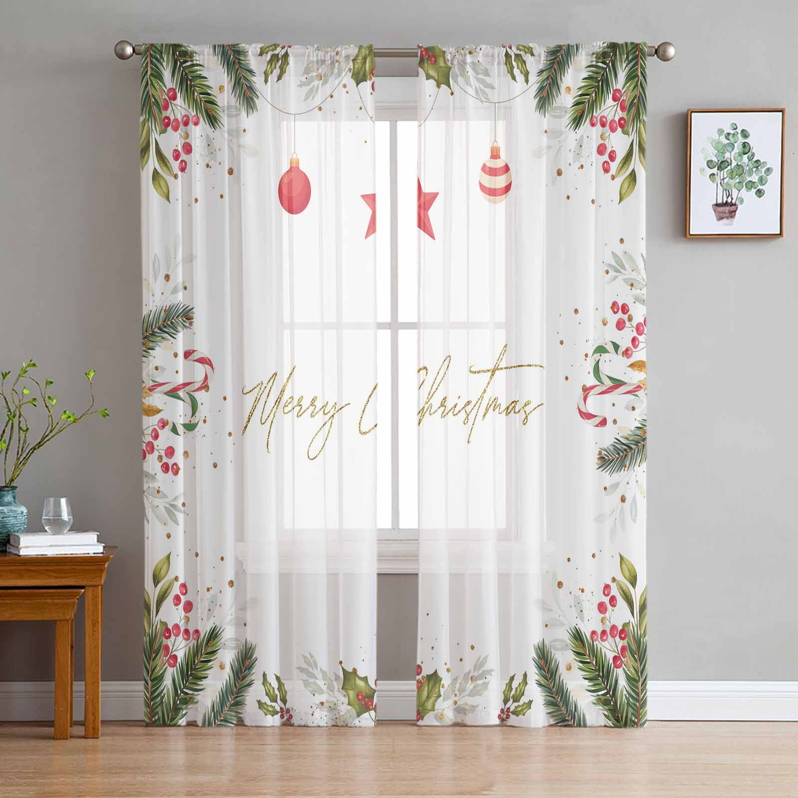 Christmas Sheer Curtains 63 Inches Long, Winter Pine Needle Branches ...