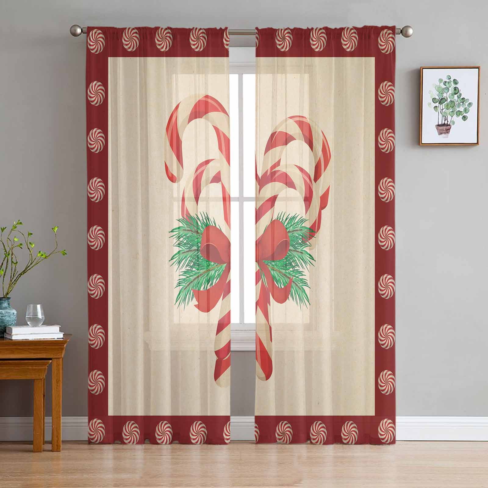 Christmas Sheer Curtains 63 Inches Long, Xmas Candy Cane Winter Bow ...