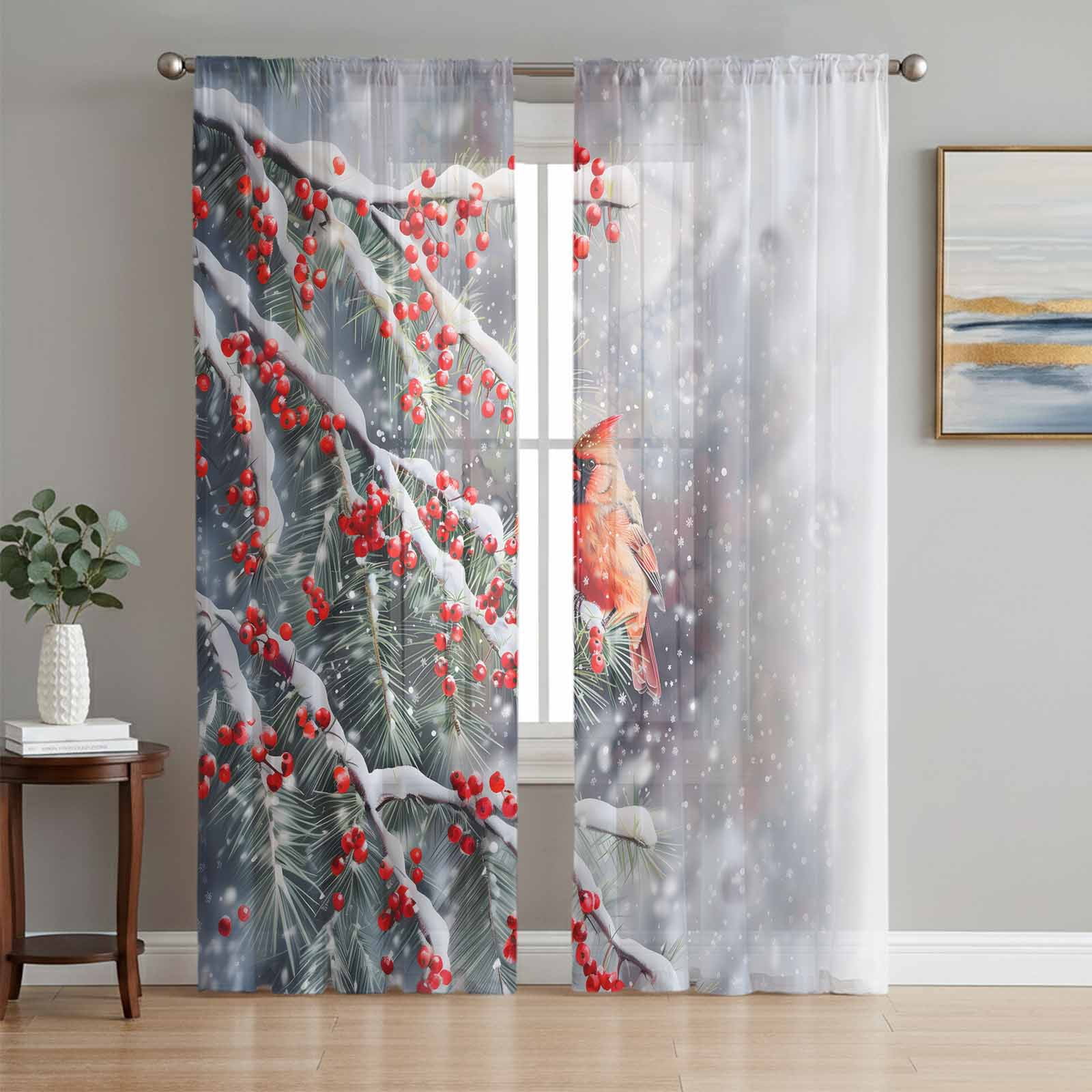 Christmas Sheer Curtains 72 Inch Length 2 Panels Set, Xmas Birds Berry ...