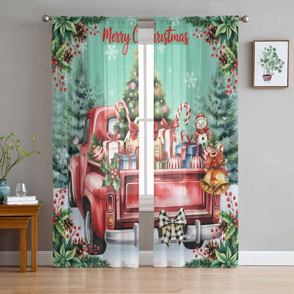 Christmas Sheer Curtains 72 Inches Long, Red Truck Xmas Winter Snowman ...