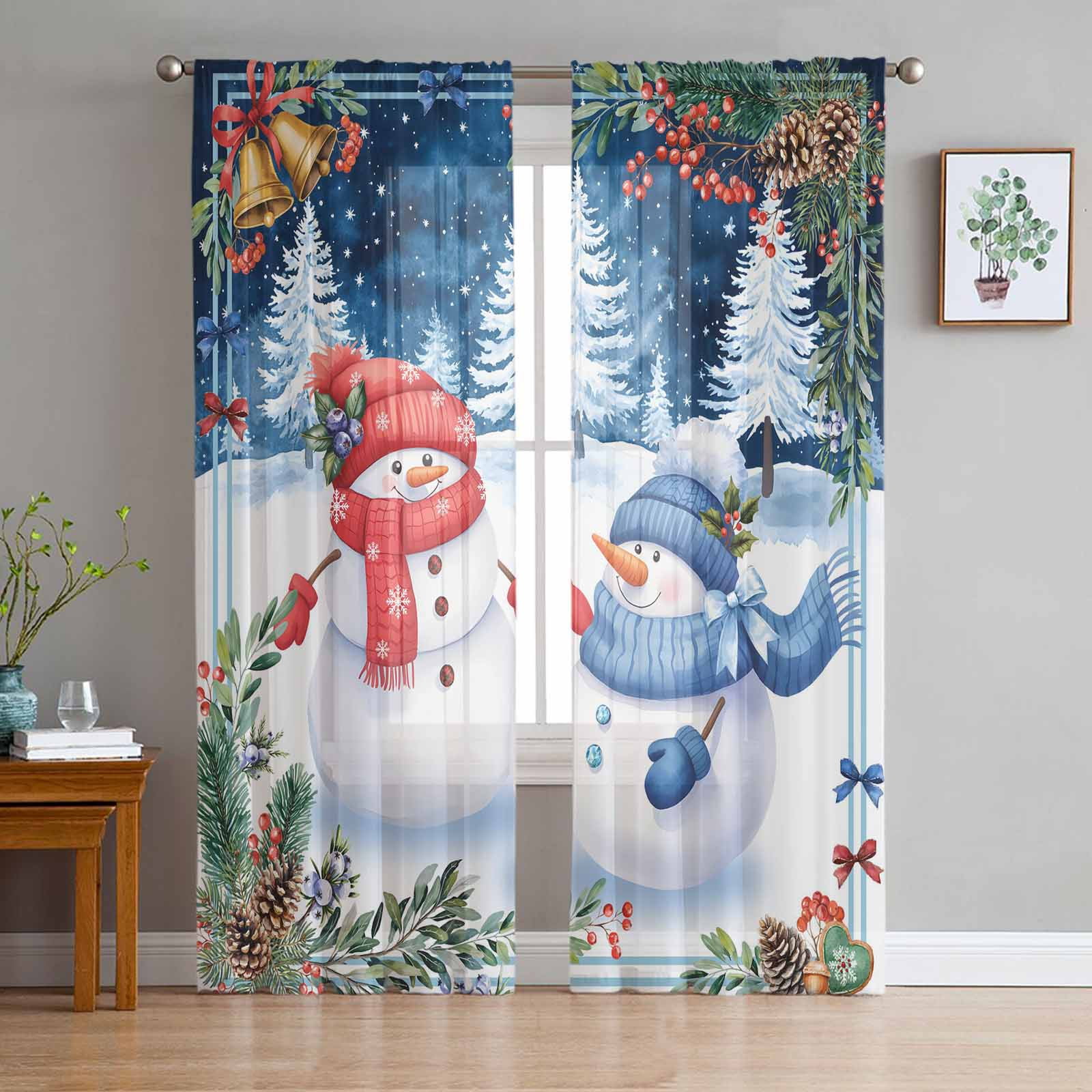 Christmas Sheer Curtains 72 Inches Long, Xmas Snowman Tree Snowflake Pine Cones Light Filtering ...