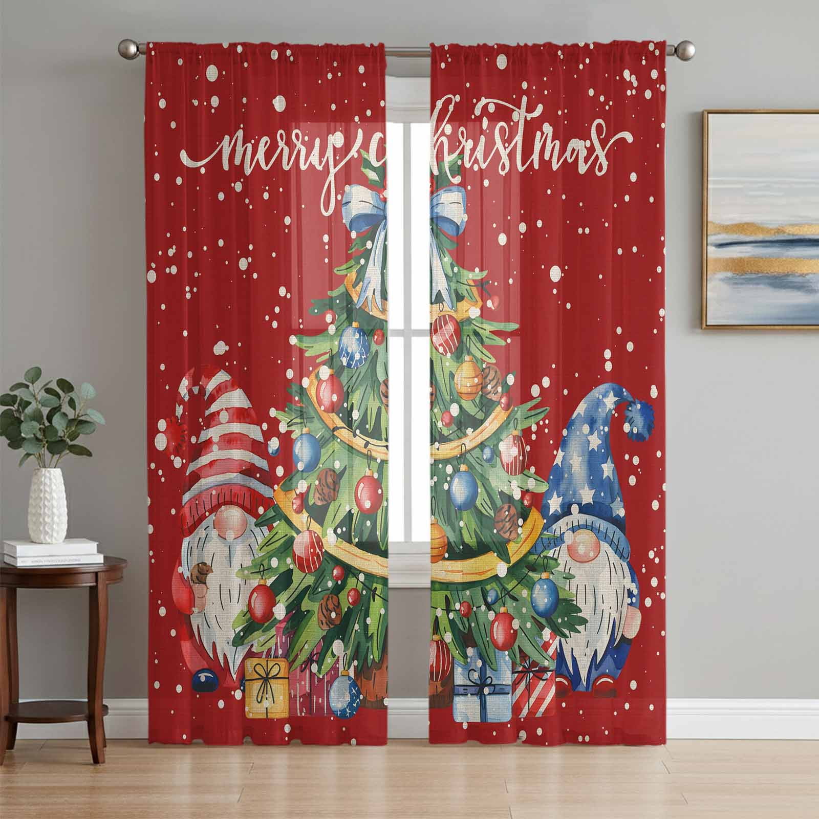 Christmas Sheer Curtains 84 Inch Length 2 Panels Set, Red Gnomes Xmas ...