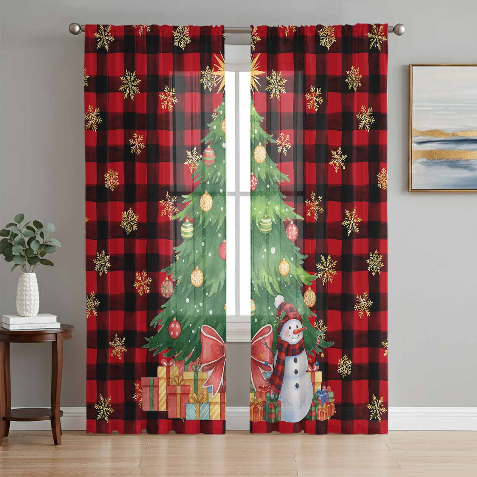 Christmas Sheer Curtains 84 Inch Length 2 Panels Set, Snowman Gold ...