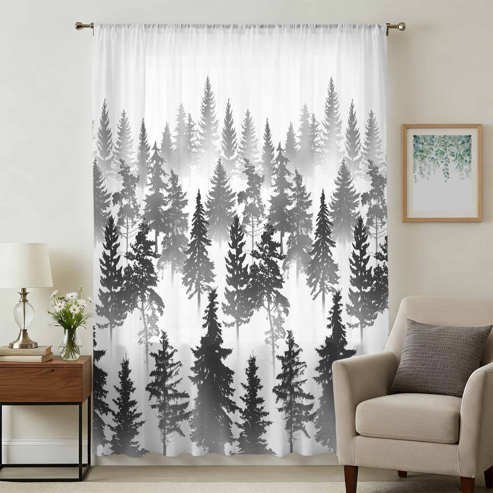 Christmas Sheer Curtains 84 Inches Long, Black Forest Tree Fall Foggy ...