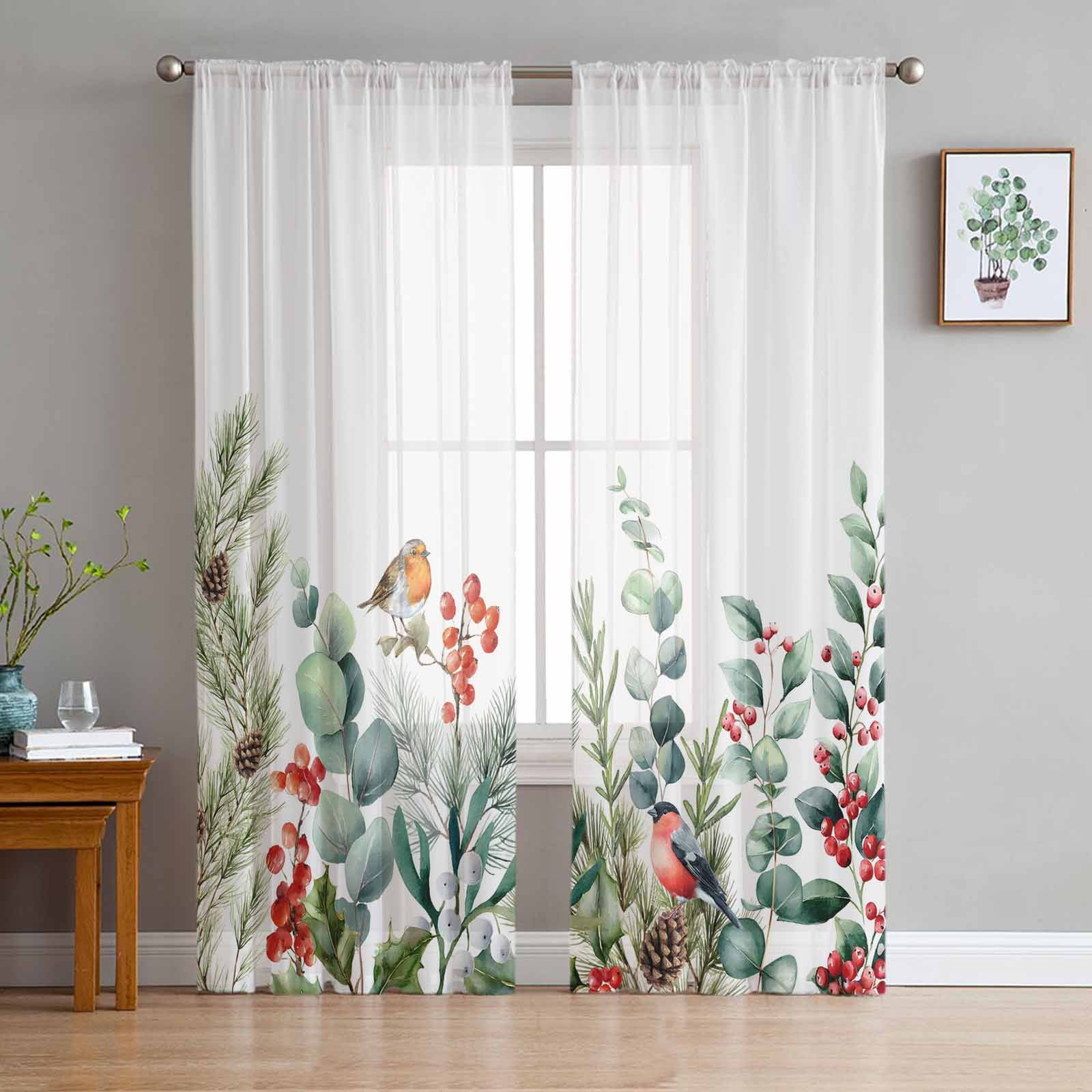 Christmas Sheer Curtains 84 Inches Long, Farmhouse Eucalyptus Leaves ...