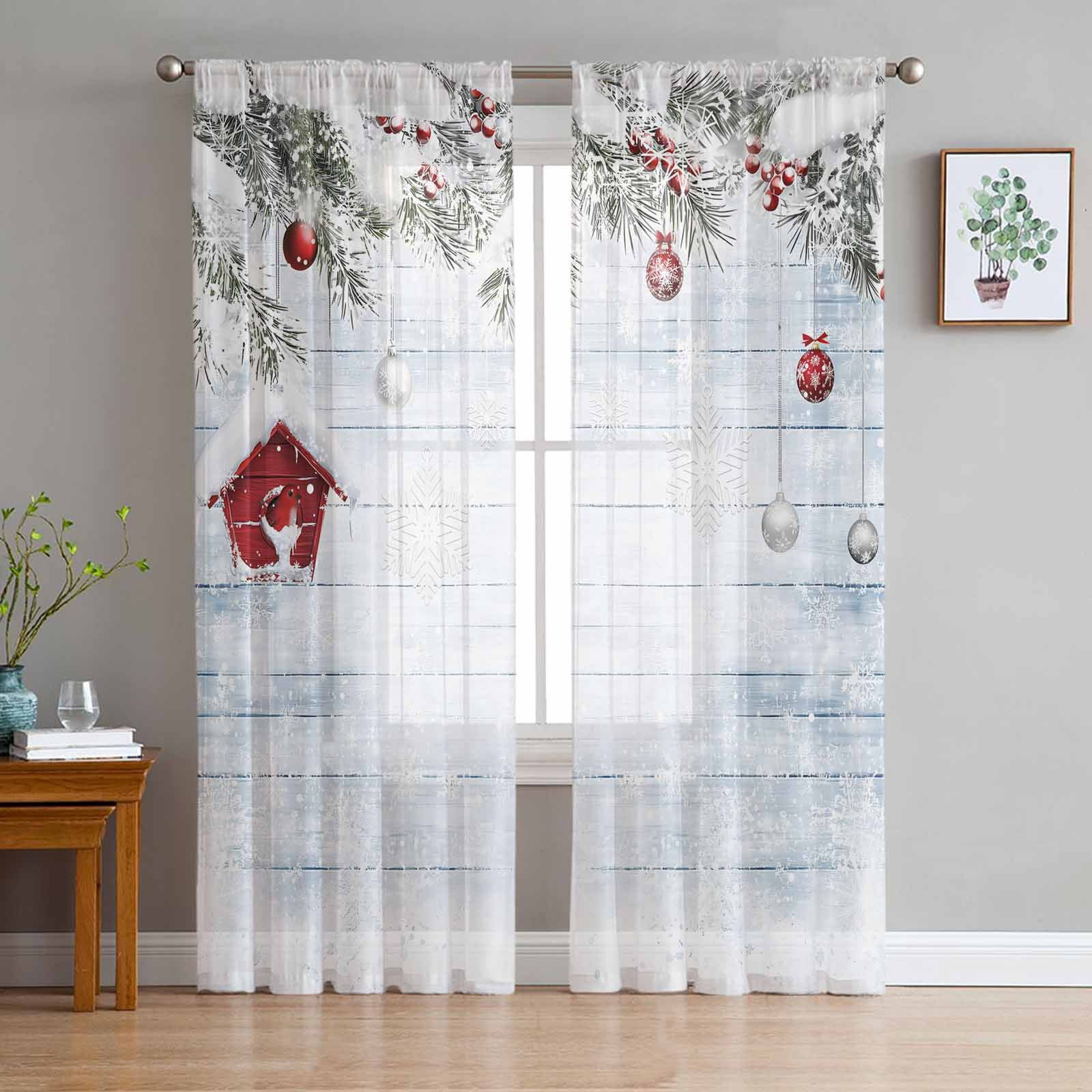 Christmas Sheer Curtains 84 Inches Long, Winter Pine Needle Berry ...