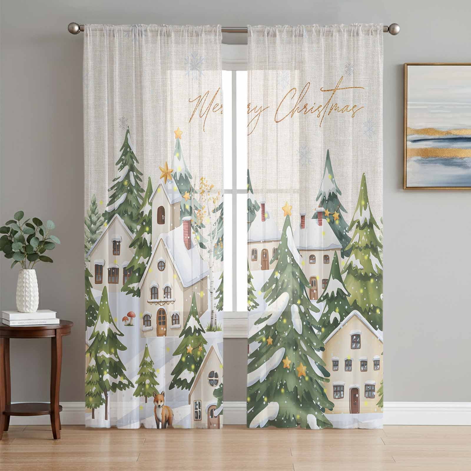 Christmas Sheer Curtains 96 Inch Length 2 Panels Set, Winter Xmas Trees ...