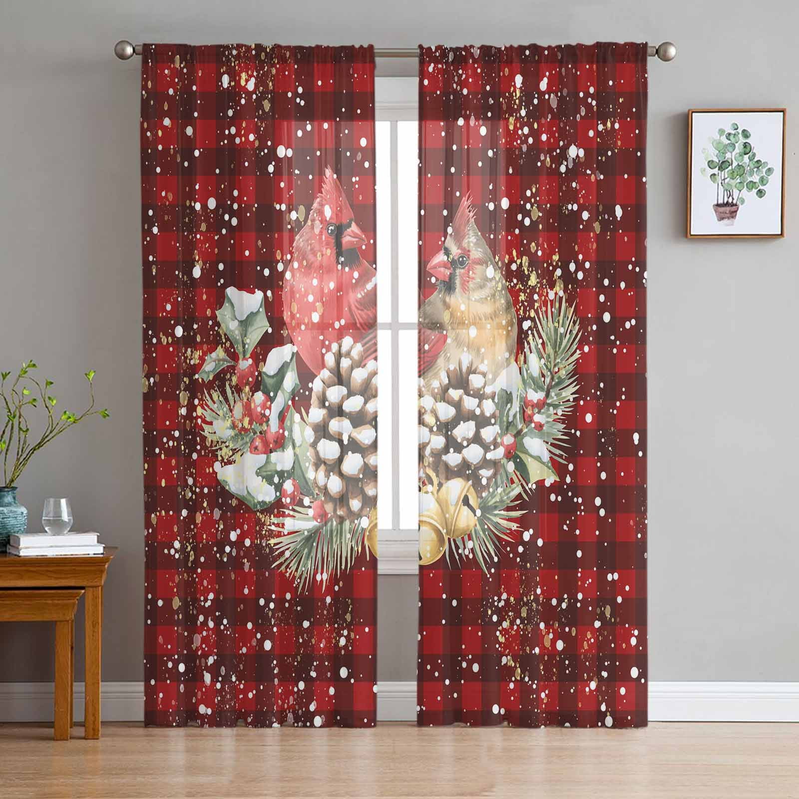 Christmas Sheer Curtains 96 Inches Long, Cardinal Pine Cone Branches ...