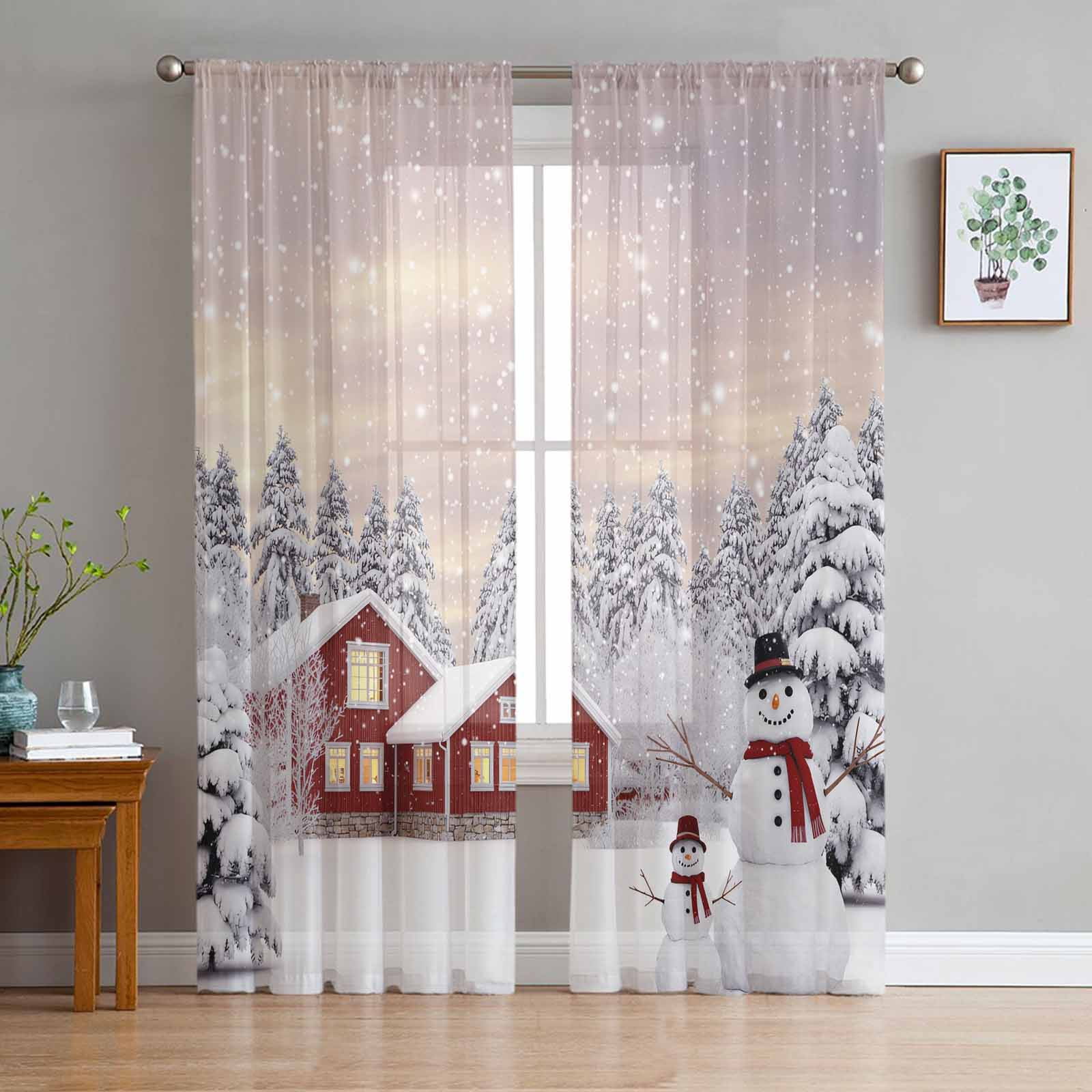 Christmas Sheer Curtains 96 Inches Long, Snowflake Snowman Xmas Tree ...