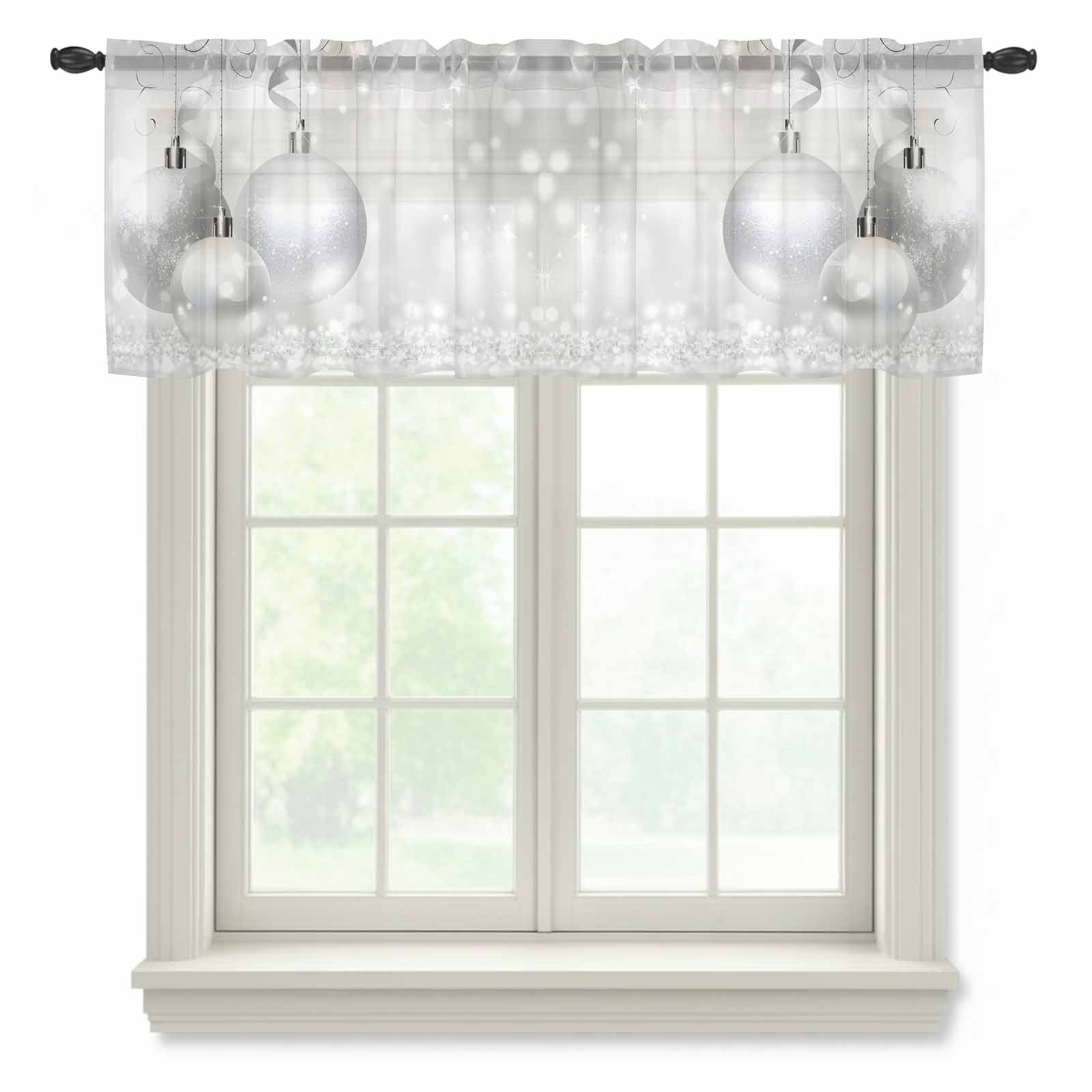 Christmas Sheer Curtains Valances for Windows Xmas Silver Balls Glitter ...