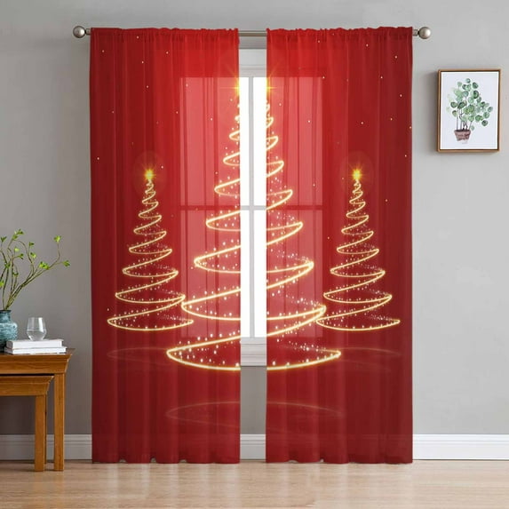 Christmas Shinny Tree Sheer Curtains 63 Inch Length 2 Panels Set, Semi ...