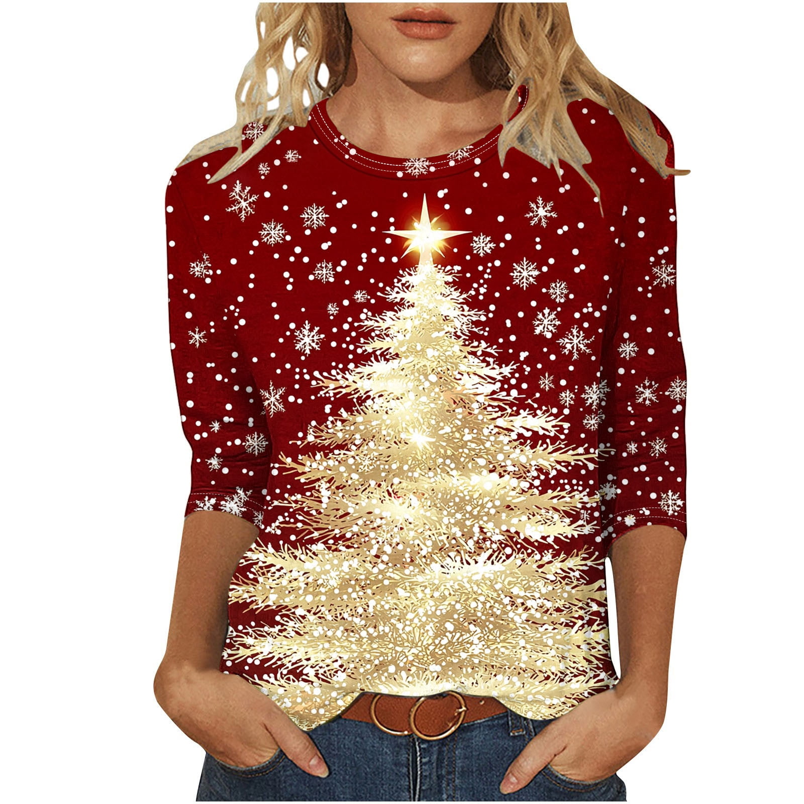 Christmas Shirts for Women 3/4 Length Sleeve Tops Crewneck Xmas Tree ...