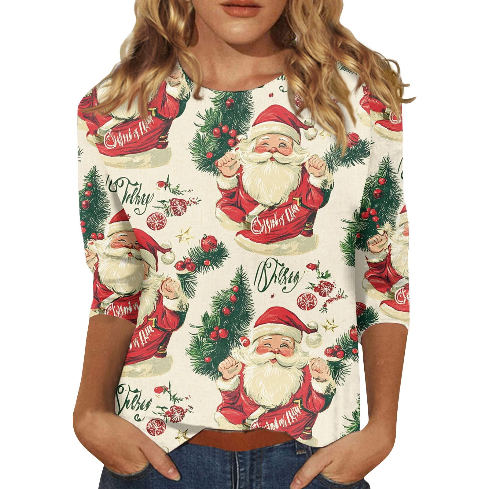 Christmas Shirts for Women Cute 3/4 Length Sleeve Crew Neck Shirt ...