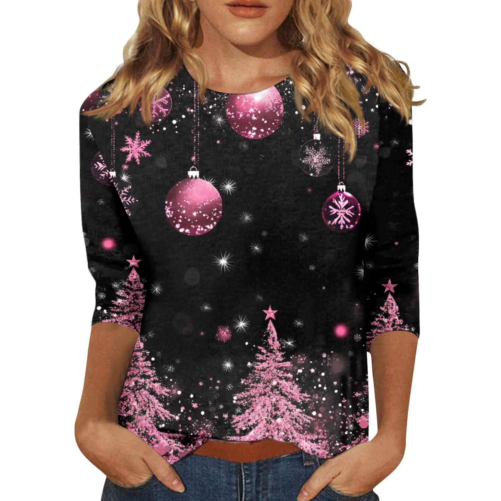 Christmas Shirts for Women Snowflake Printed Holiday 3/4 Length Sleeve ...