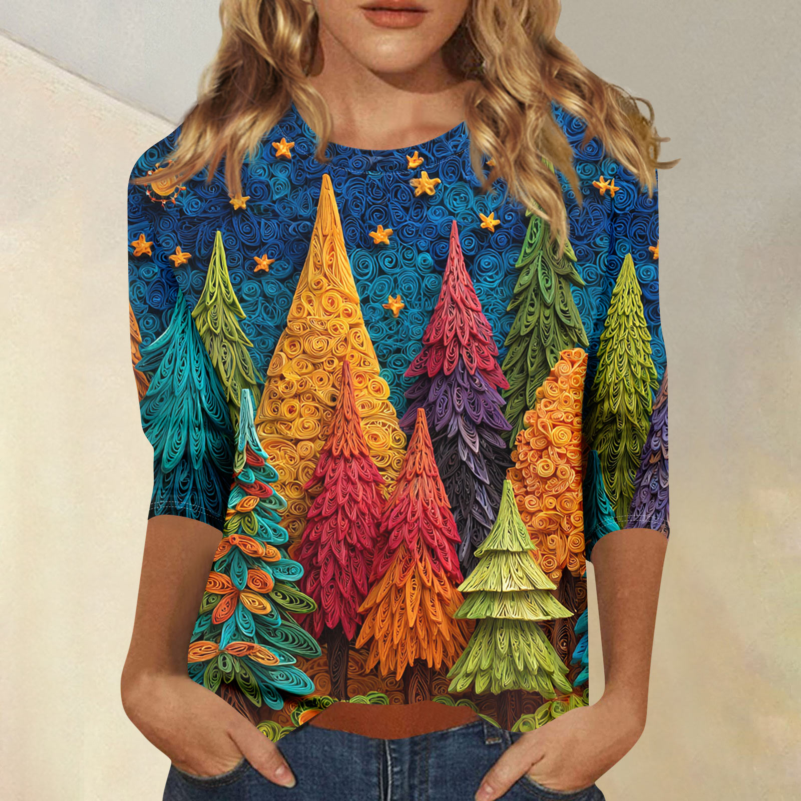 Christmas Shirts for Women 2025 Fashion 3/4 Length Sleeve Crew Neck ...