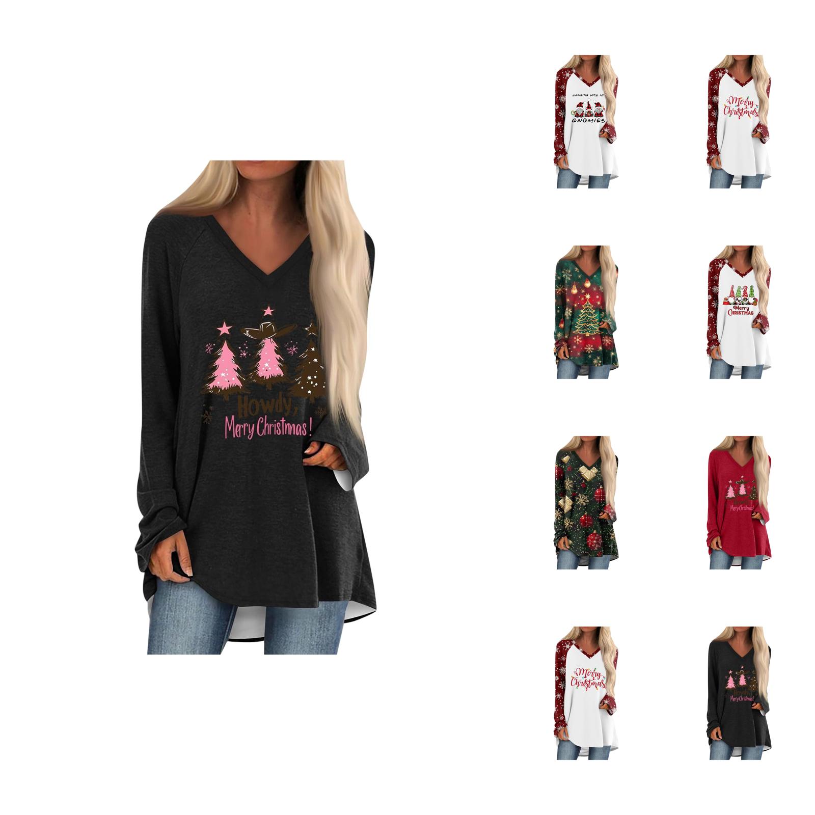 Christmas Shirts for Women 2025 Long Sleeve V Neck Mid Length Graphic T ...