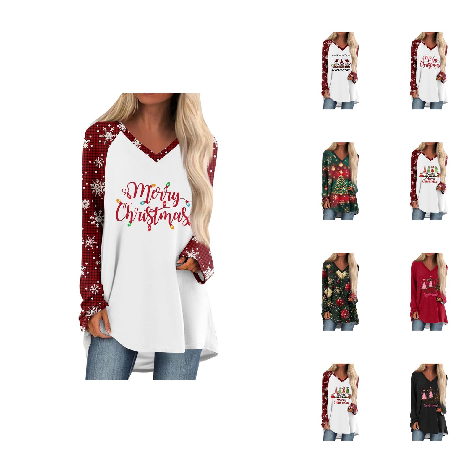 Christmas Shirts for Women 2025 Long Sleeve V Neck Mid Length Graphic T ...