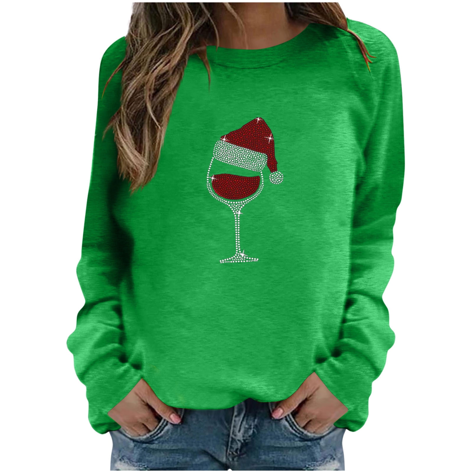 Christmas Shirts for Women 2025 Rhinestone Red Wine Glass Shirt Crew ...