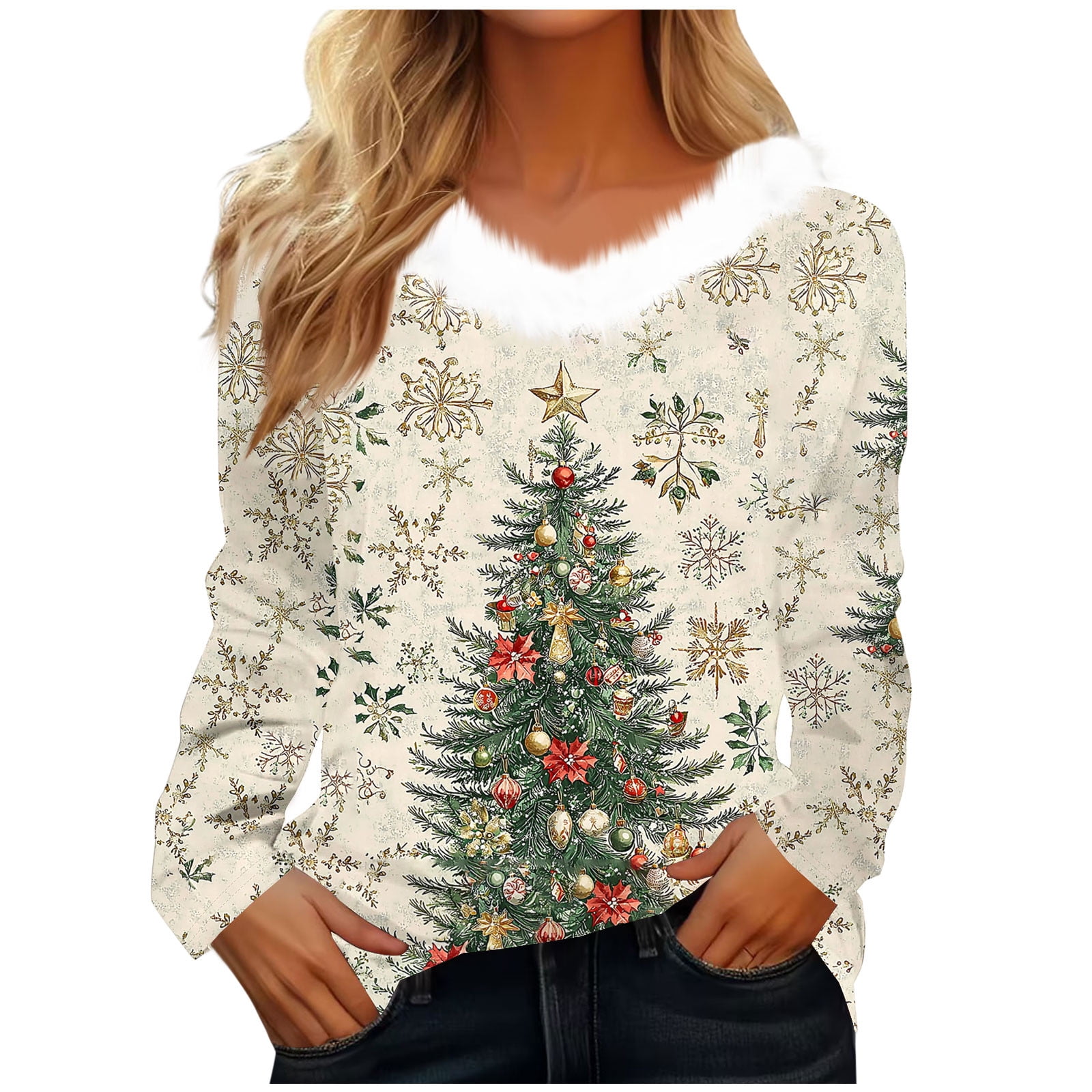 Christmas Shirts for Women 2025 Xmas Tree Cute Print Tops Furry V-Neck ...