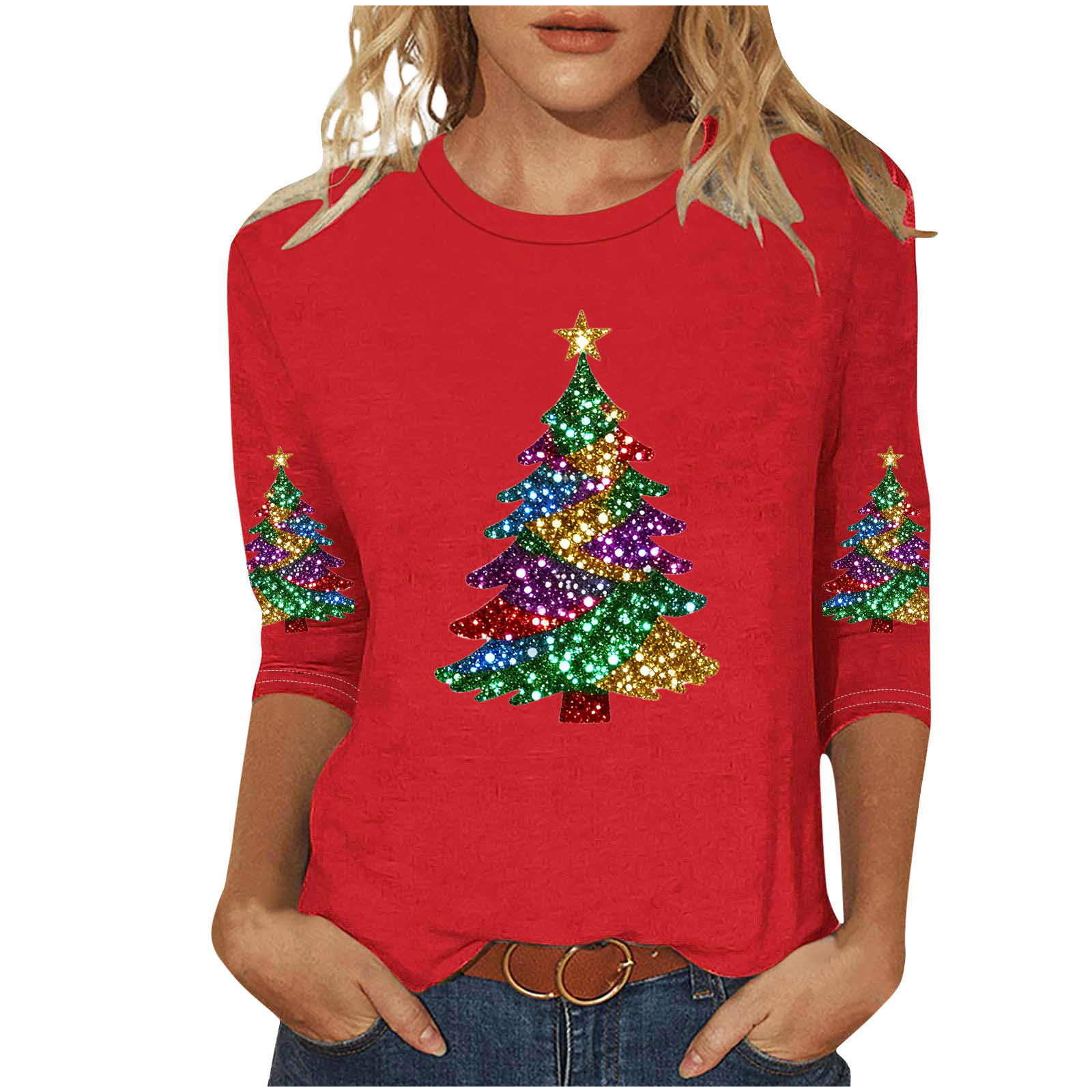 Christmas Shirts for Women 3/4 Length Sleeve Loose Crewneck Cute Tees ...
