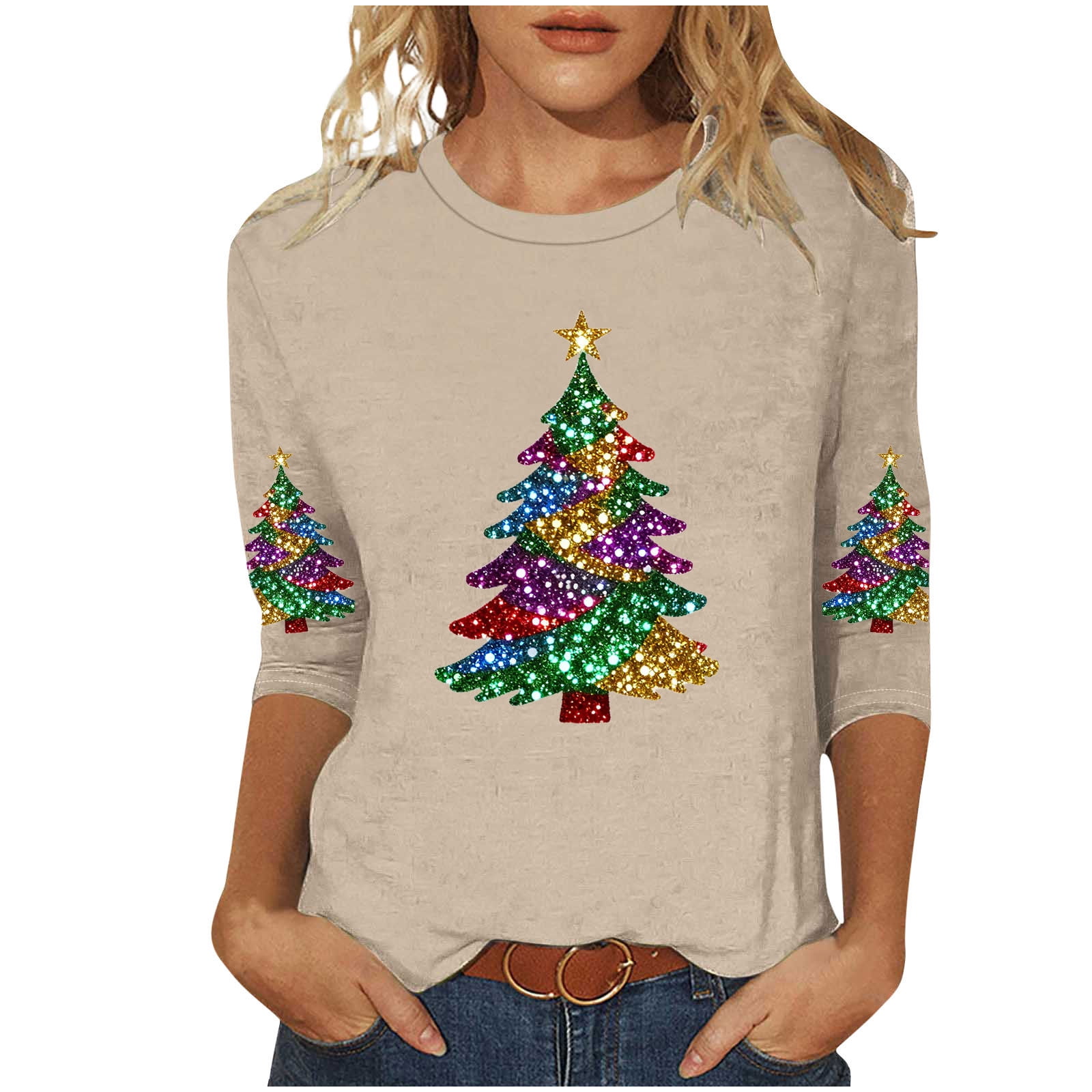 Christmas Shirts for Women 3/4 Length Sleeve Loose Crewneck Cute Tees ...