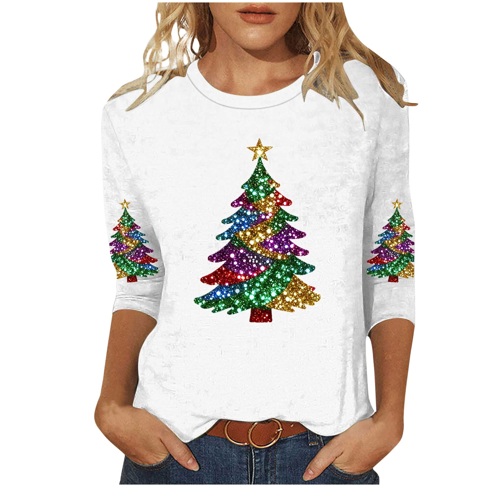 Christmas Shirts for Women 3/4 Length Sleeve Loose Crewneck Cute Tees ...