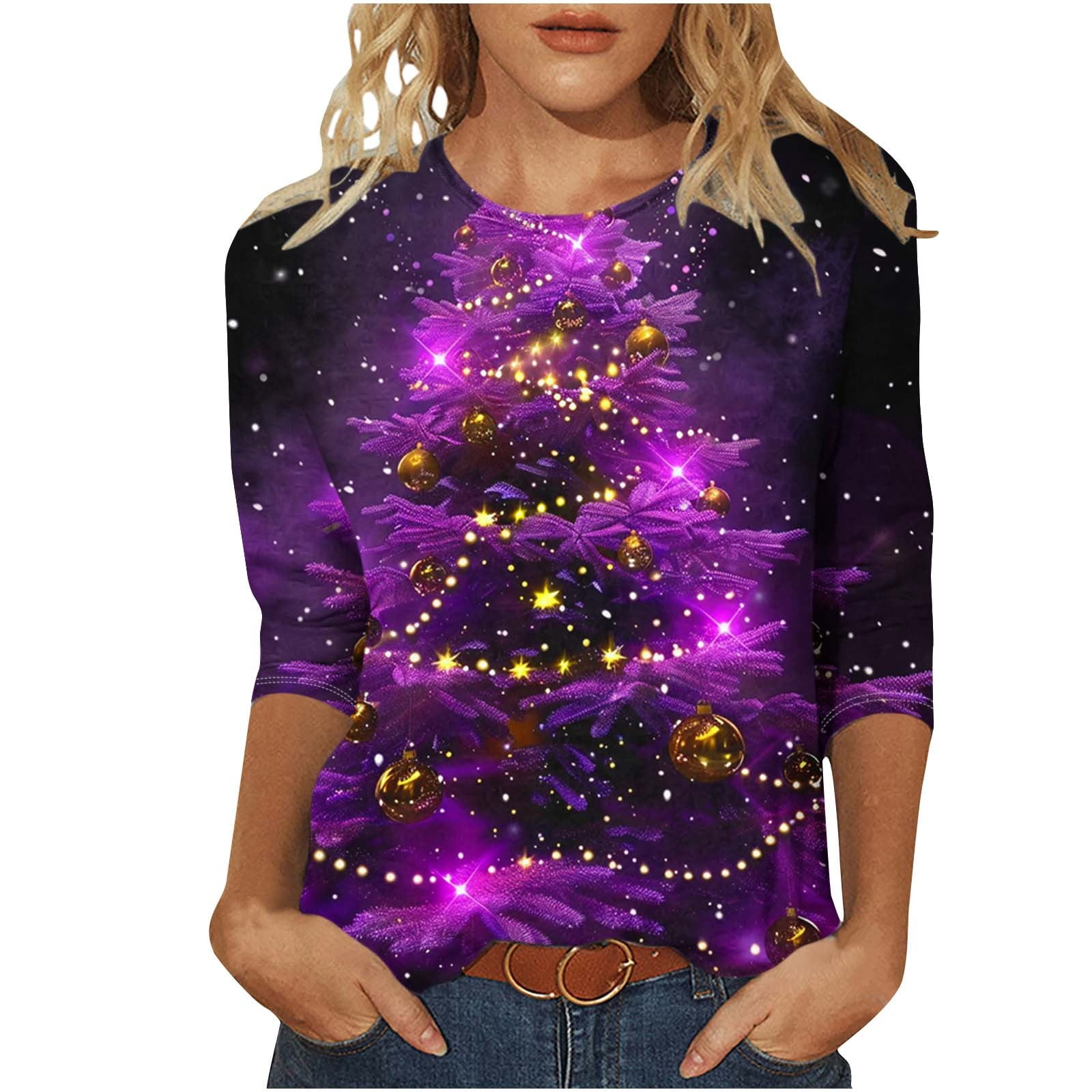 Christmas Shirts for Women 3/4 Length Sleeve Quarter Length Tunic Tops ...