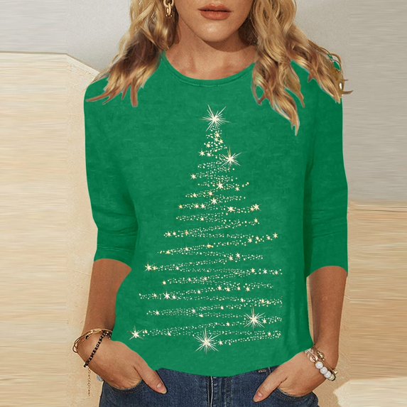 Christmas Shirts for Women 3/4 Length Sleeve Sparkly Xmas Tree Print ...