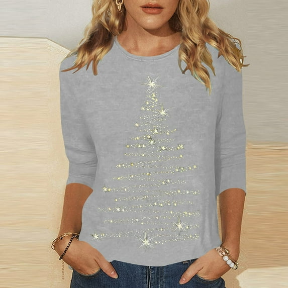 Christmas Shirts for Women 3/4 Length Sleeve Sparkly Xmas Tree Print ...