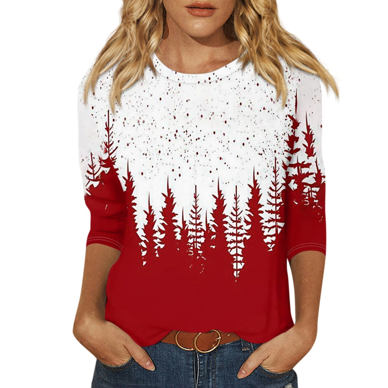 Christmas Shirts for Women 3/4 Length Sleeve Womens Christmas Tops Cute Christmas Tree Print ...