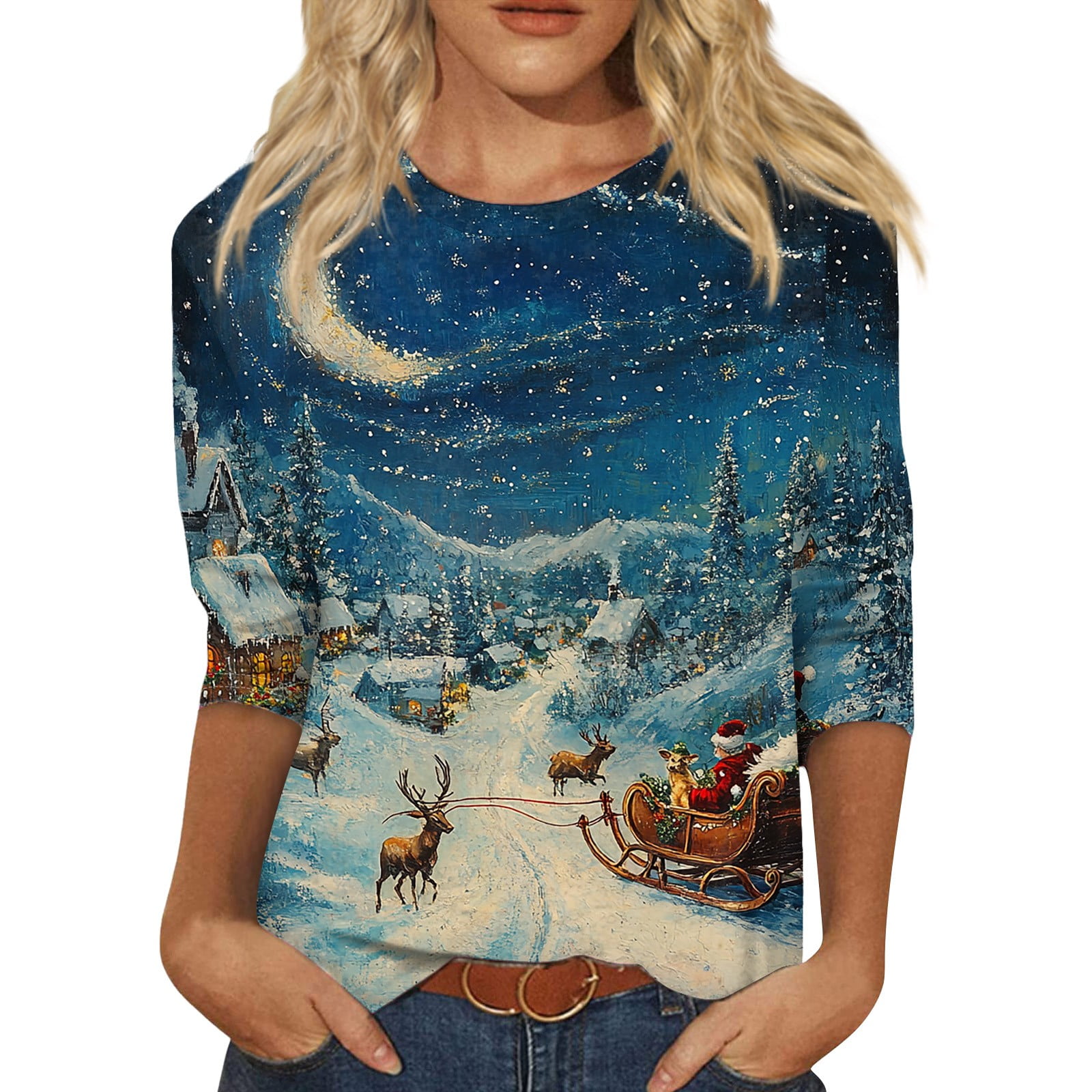 Christmas Shirts for Women Casual Round Neck 3/4 Sleeve Tunic Top ...