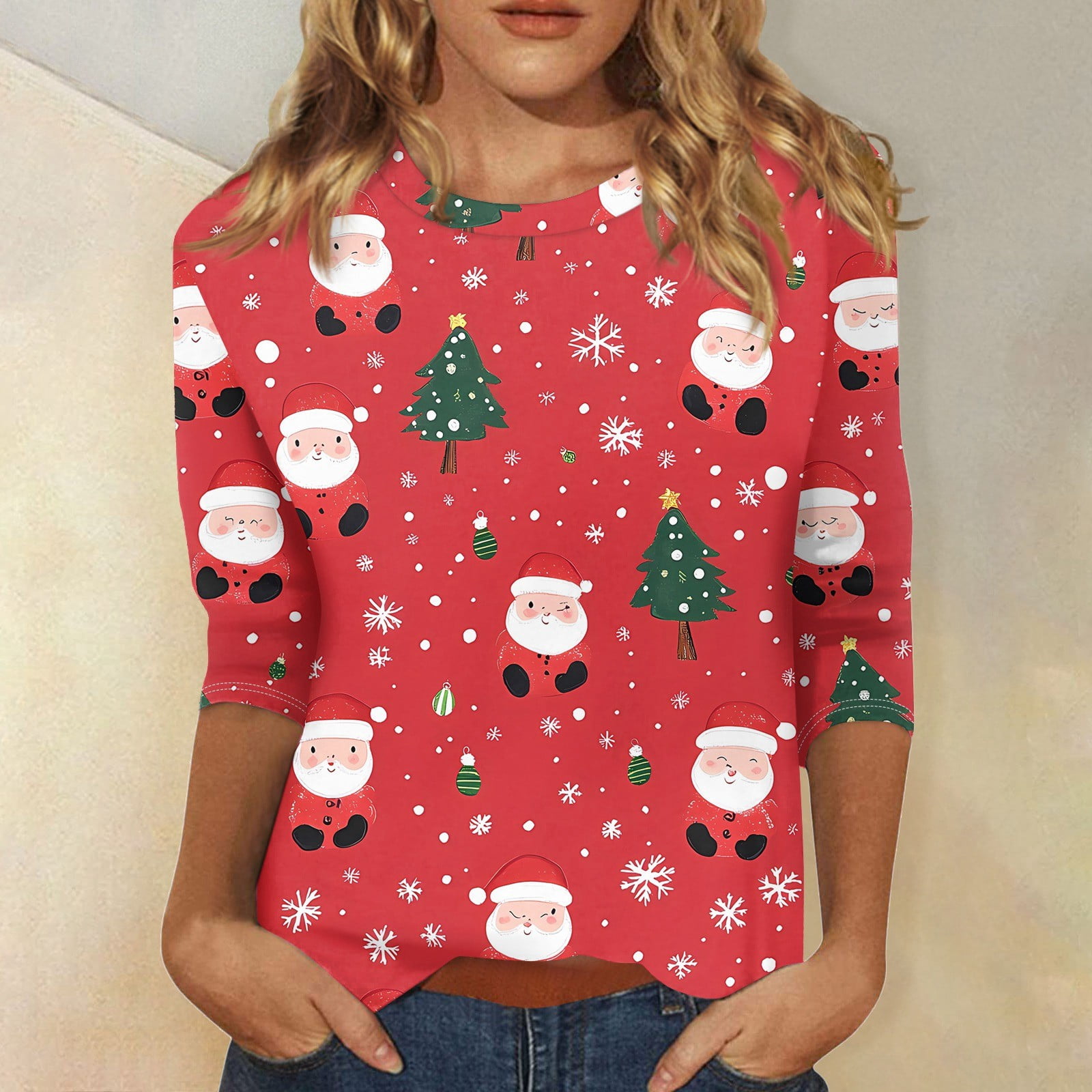 Christmas Shirts for Women Christmas Tree Printed Tshirts 3/4 Length ...